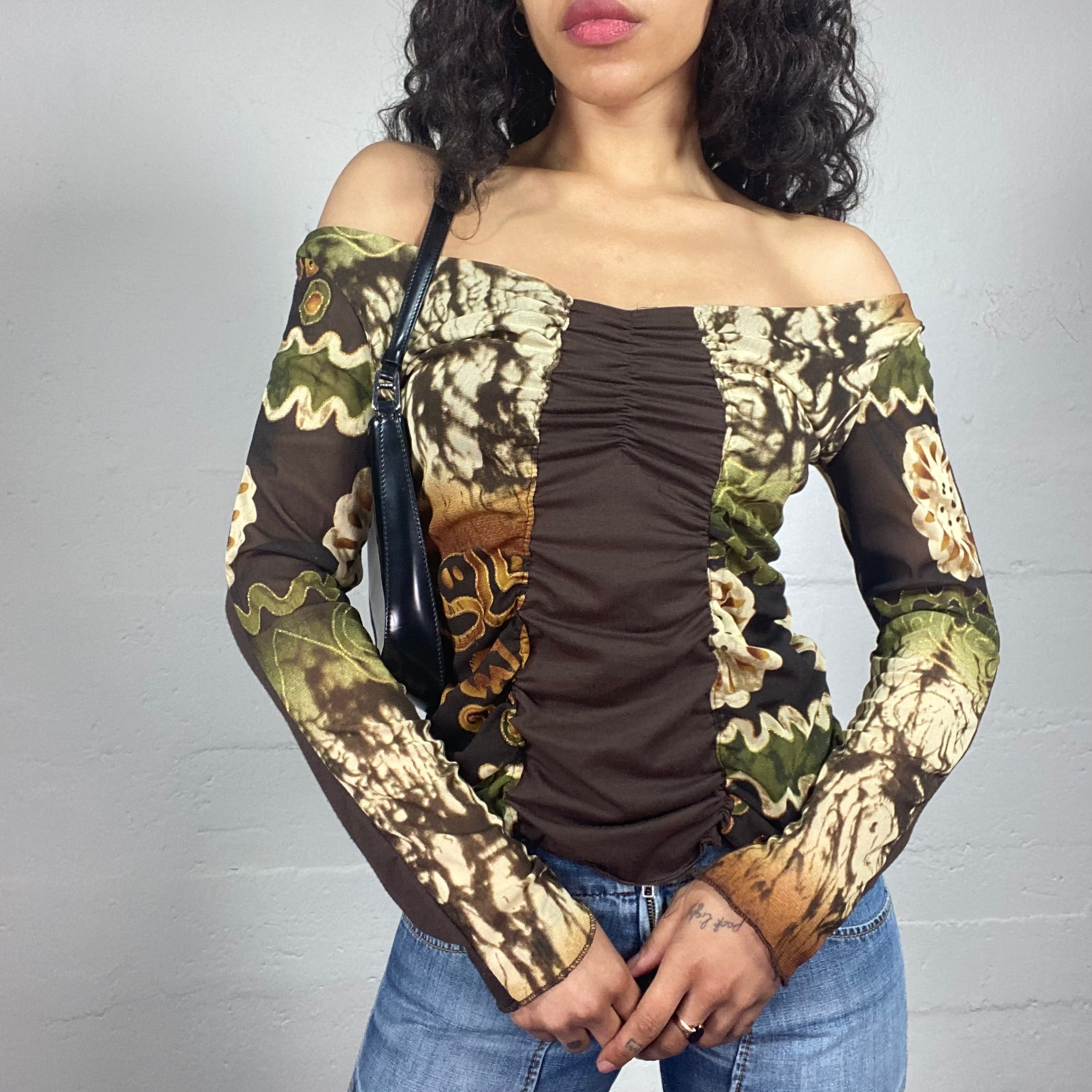 Vintage 2000's Boho Girl Brown and Green Off Shoulder Longsleeved Top ...