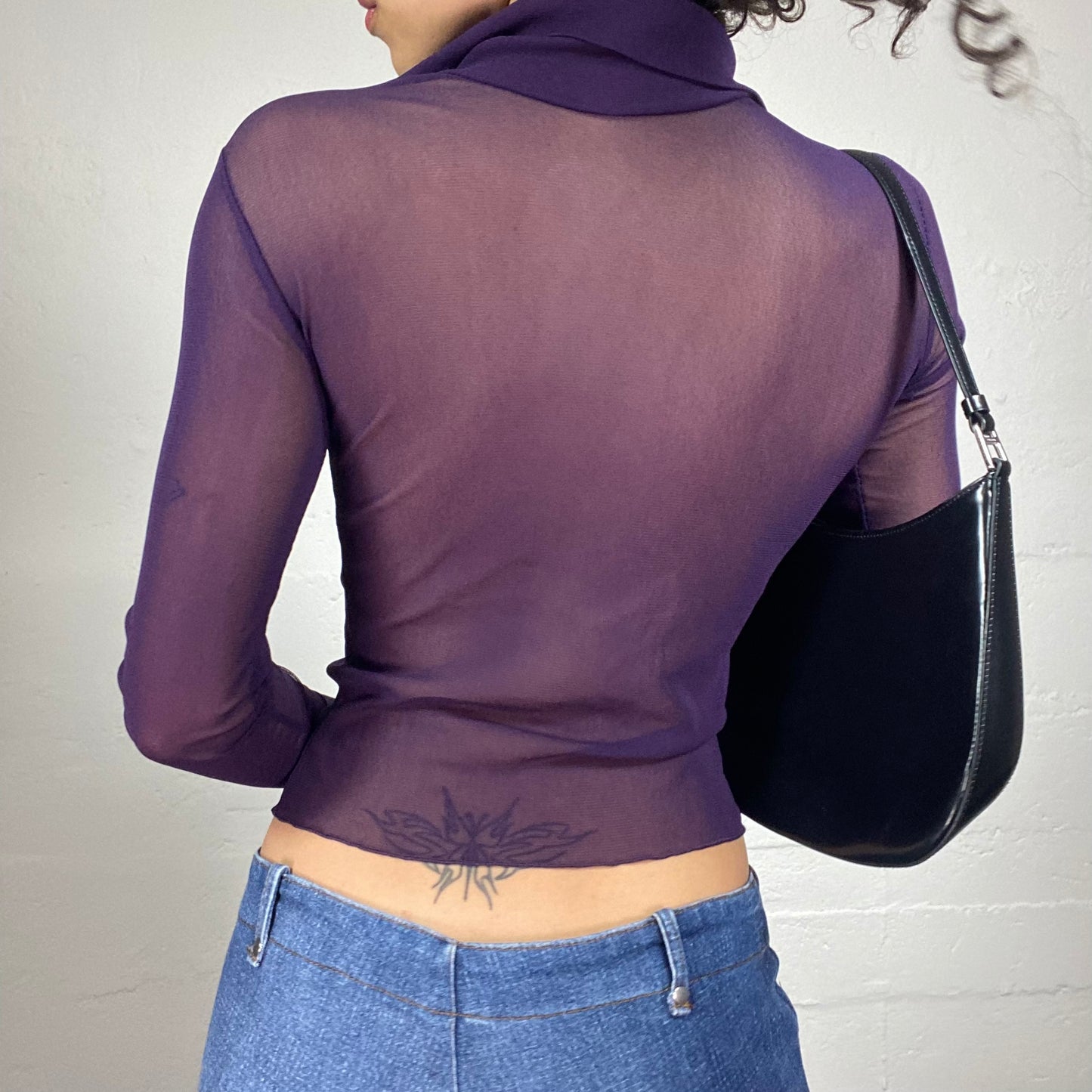 Vintage 2000's Clubwear Purple Mesh Longsleeve Cropped Top with Collar ...