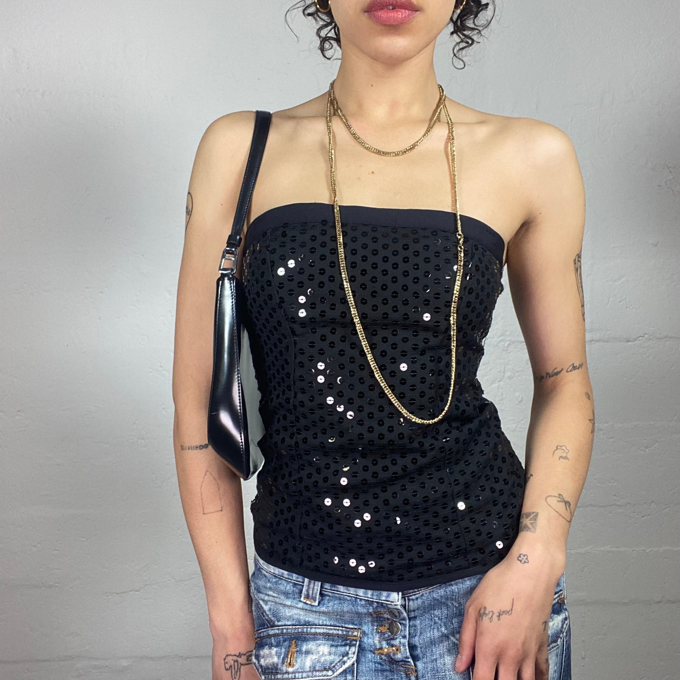 Vintage 2000's Glam Clubwear Black Sequins Corset Style Tube Top (S ...