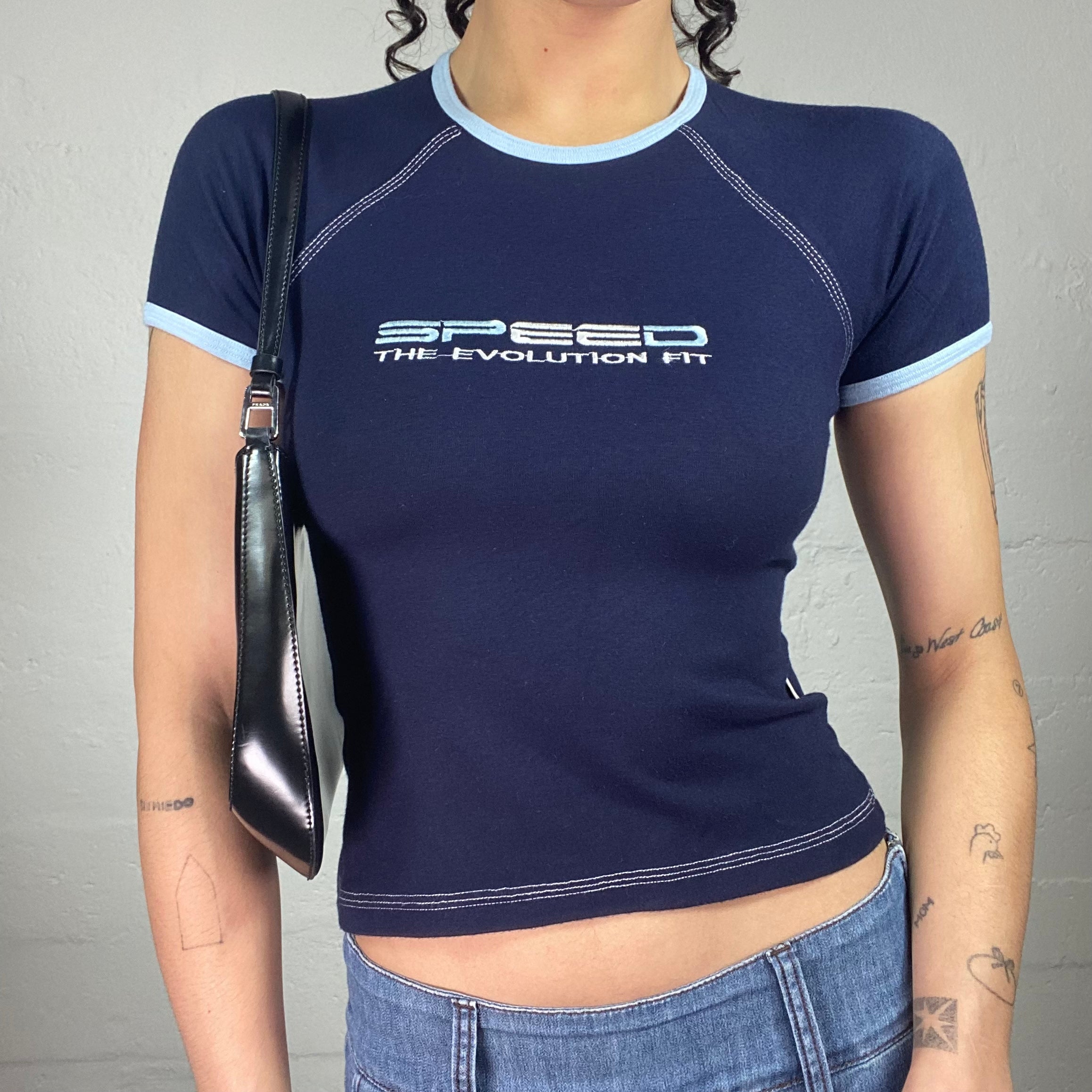 Vintage 2000's Sporty/Casual Midnight Blue Baby Tee with Typography Pr ...