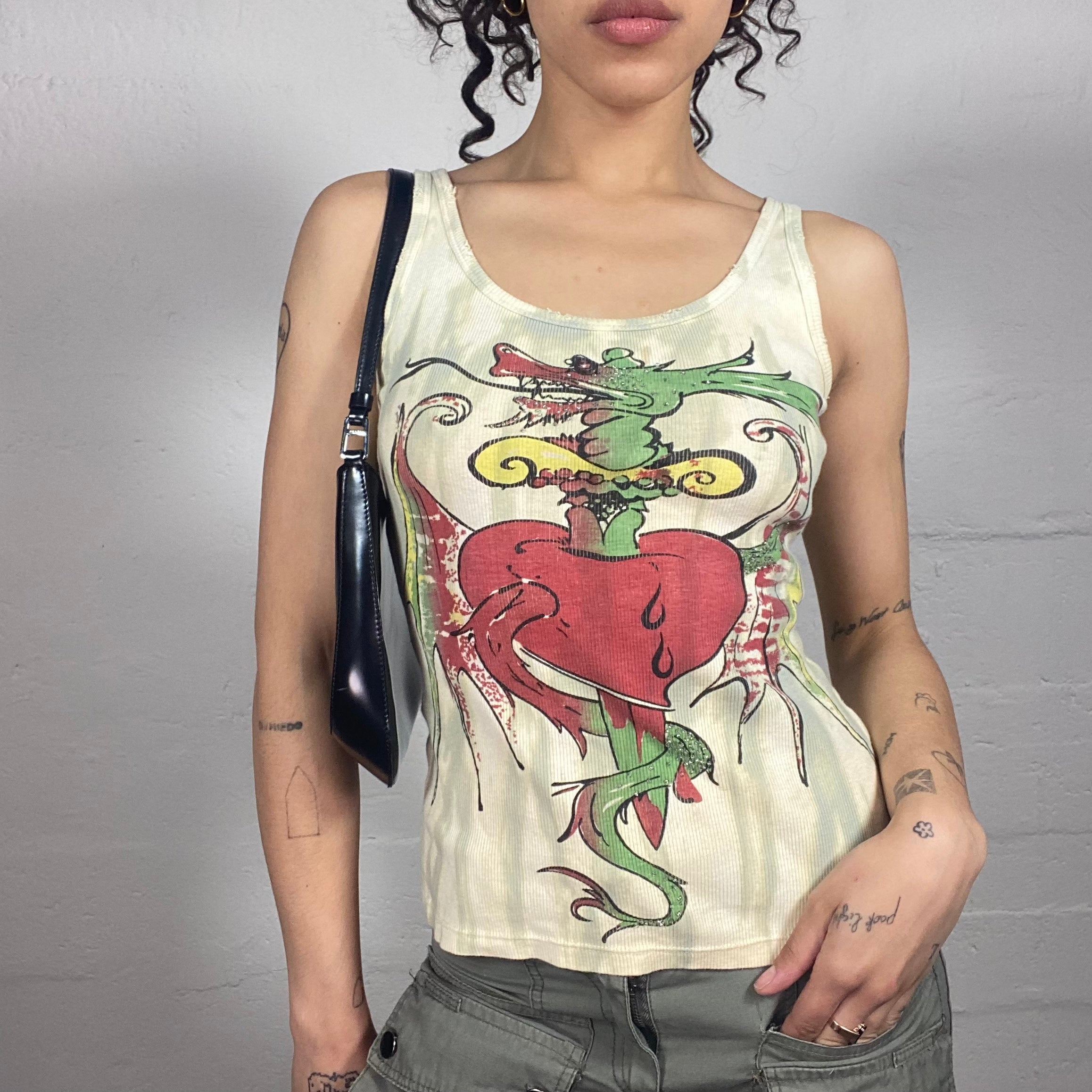 Vintage 2000's Grunge Beige and Khaki Fading Tank Top with Heart Knife ...