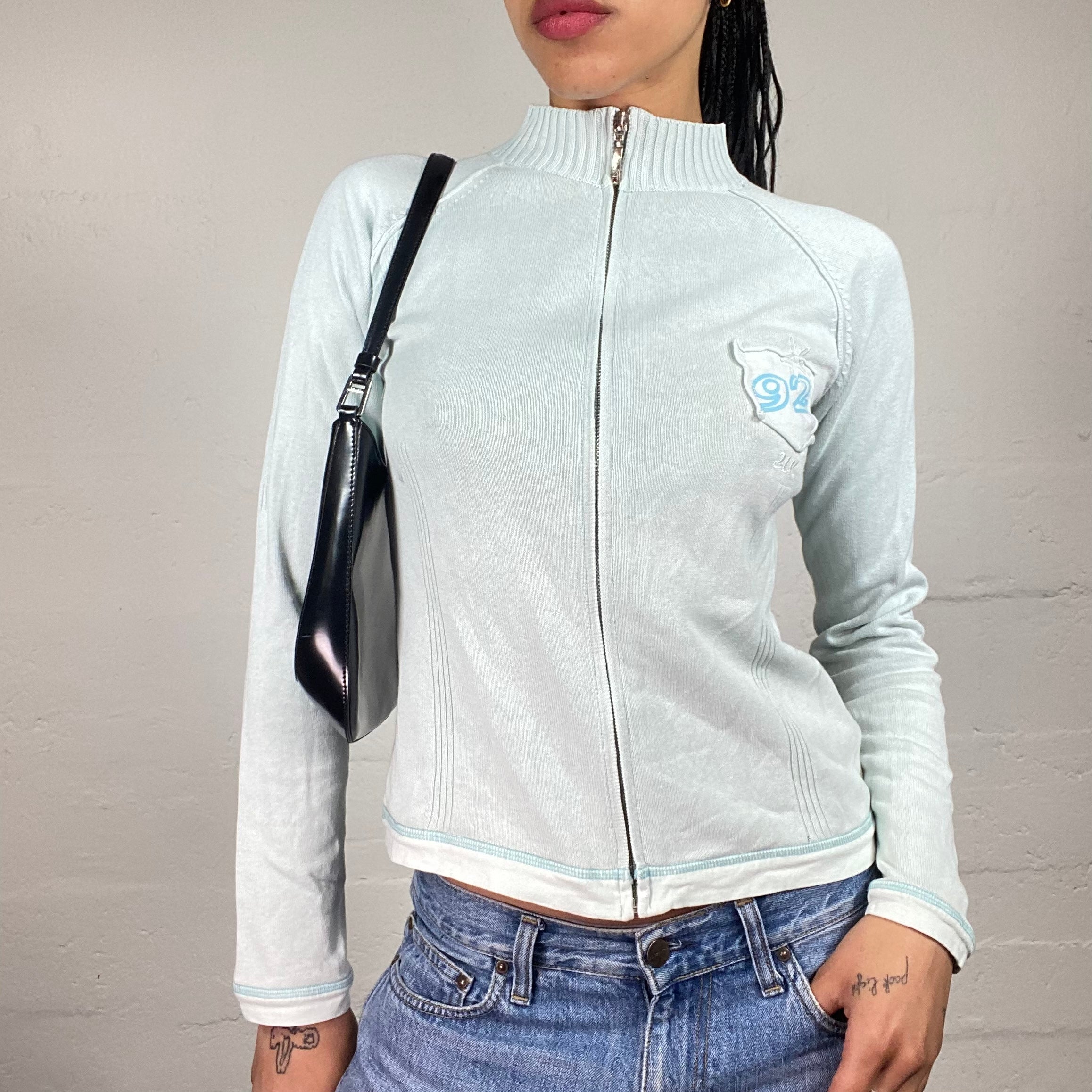 Vintage 2000's Sporty Baby Blue Knitted Zip Up Pullover with 92 Patch ...