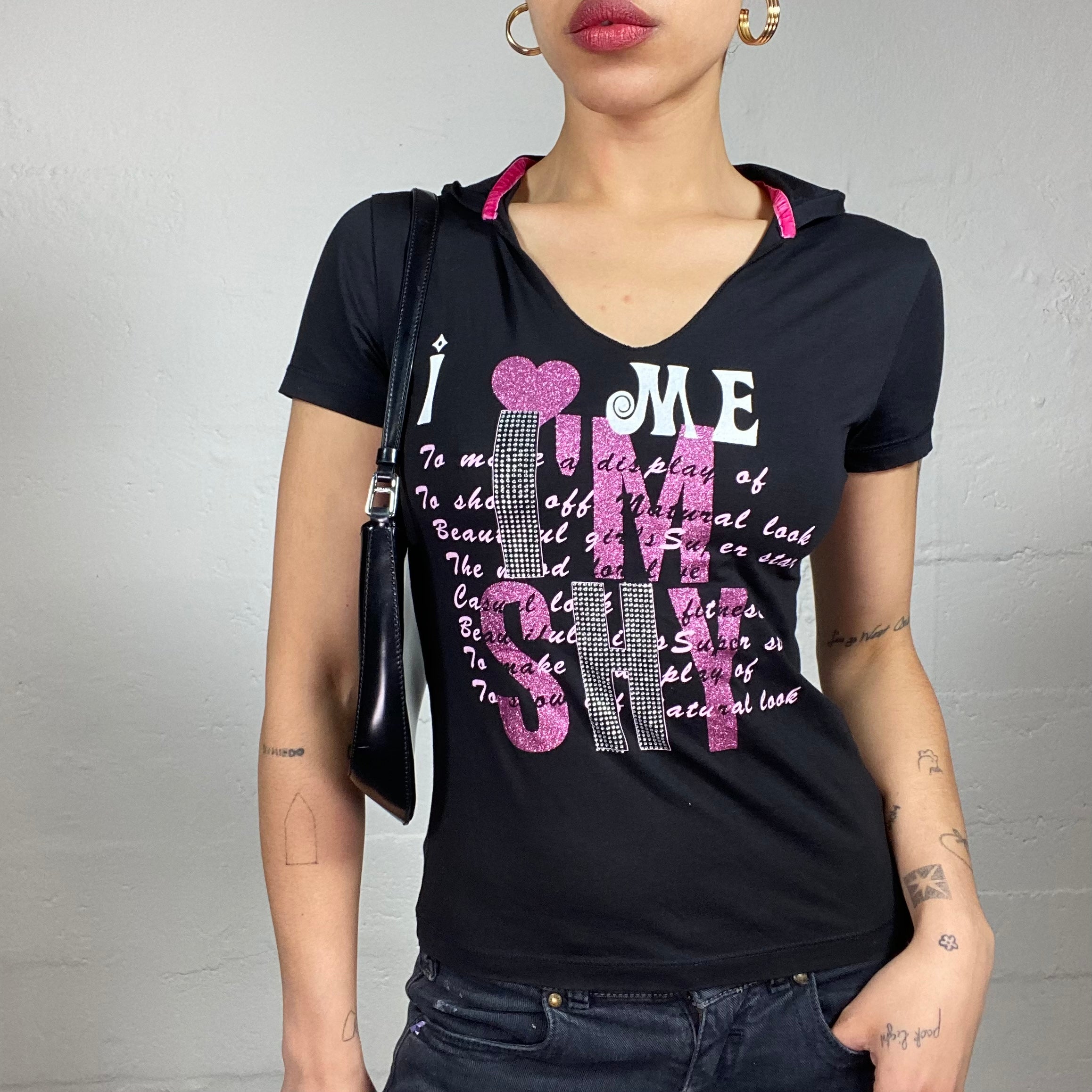 Vintage 2000's Grungy Black Hooded Tee with Pink and White Typography ...