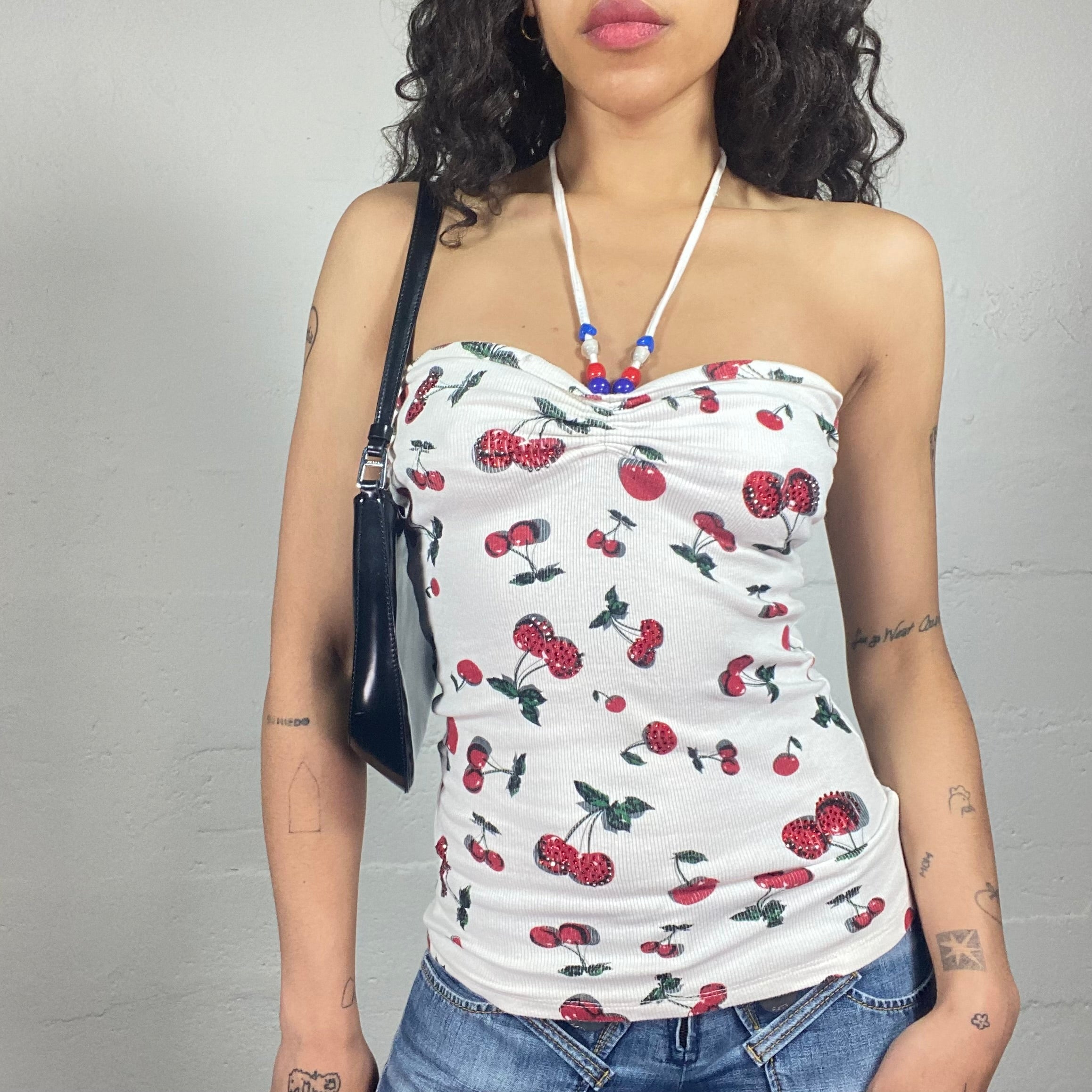 Vintage 2000's Summer White Neckholder Top with Cherry Printed Top (S ...