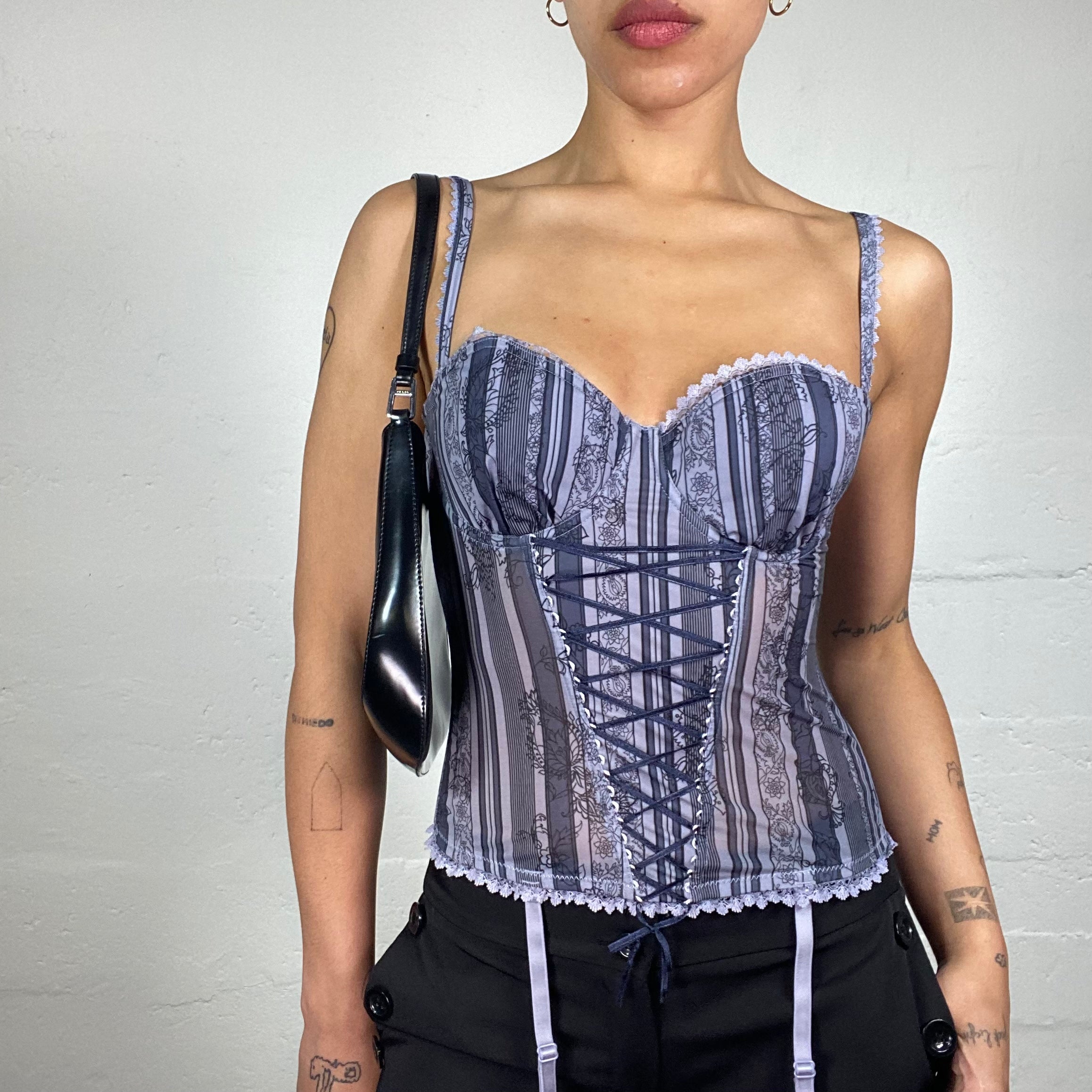 Vintage 2000's Soft Girl Lavender Colour Striped Corset Top with Lace ...
