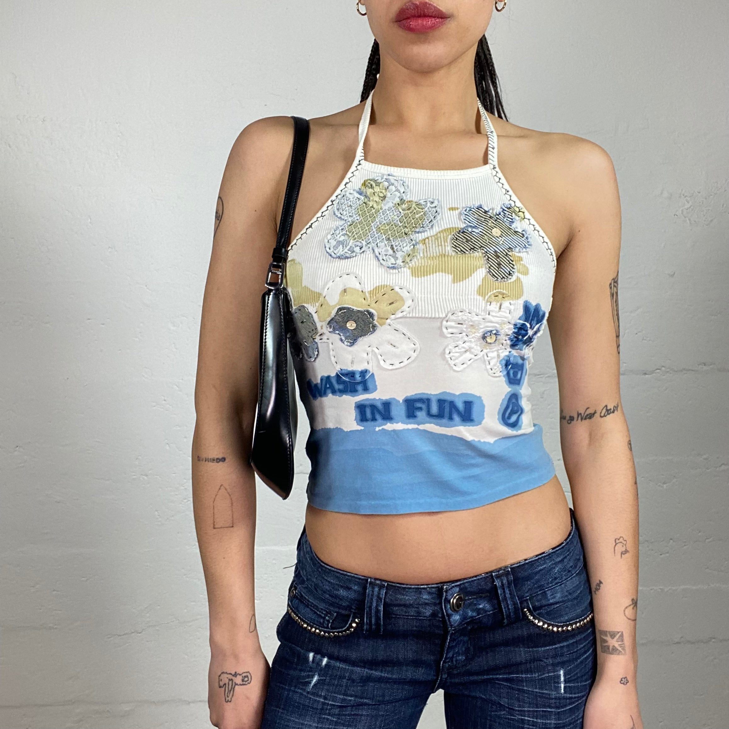 Vintage 90’s Surfer Gorl White and Blue Printed Cami Top with Flower S ...
