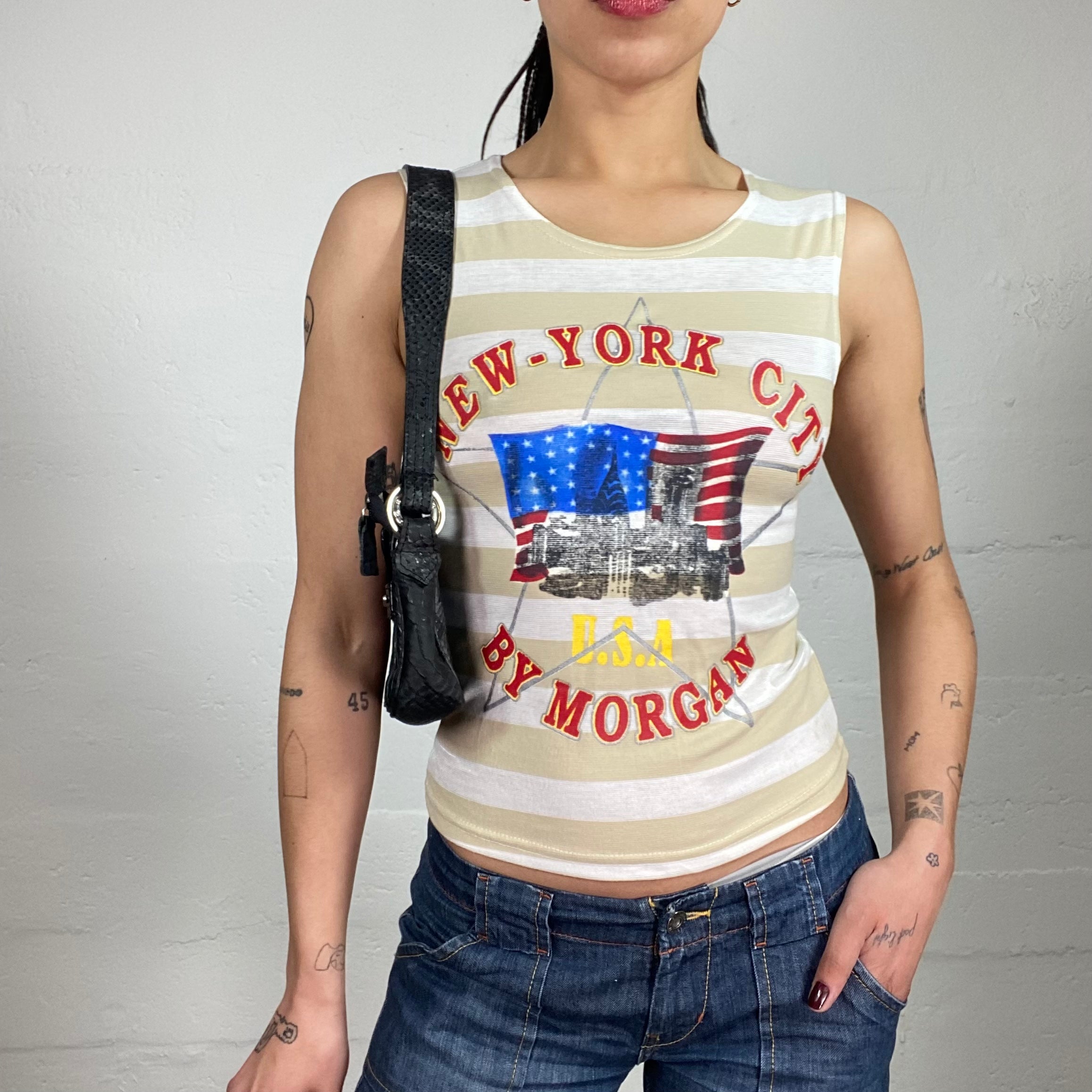 Vintage 2000’s Morgan Downtown Girl Striped White and Beige Tank Top w ...