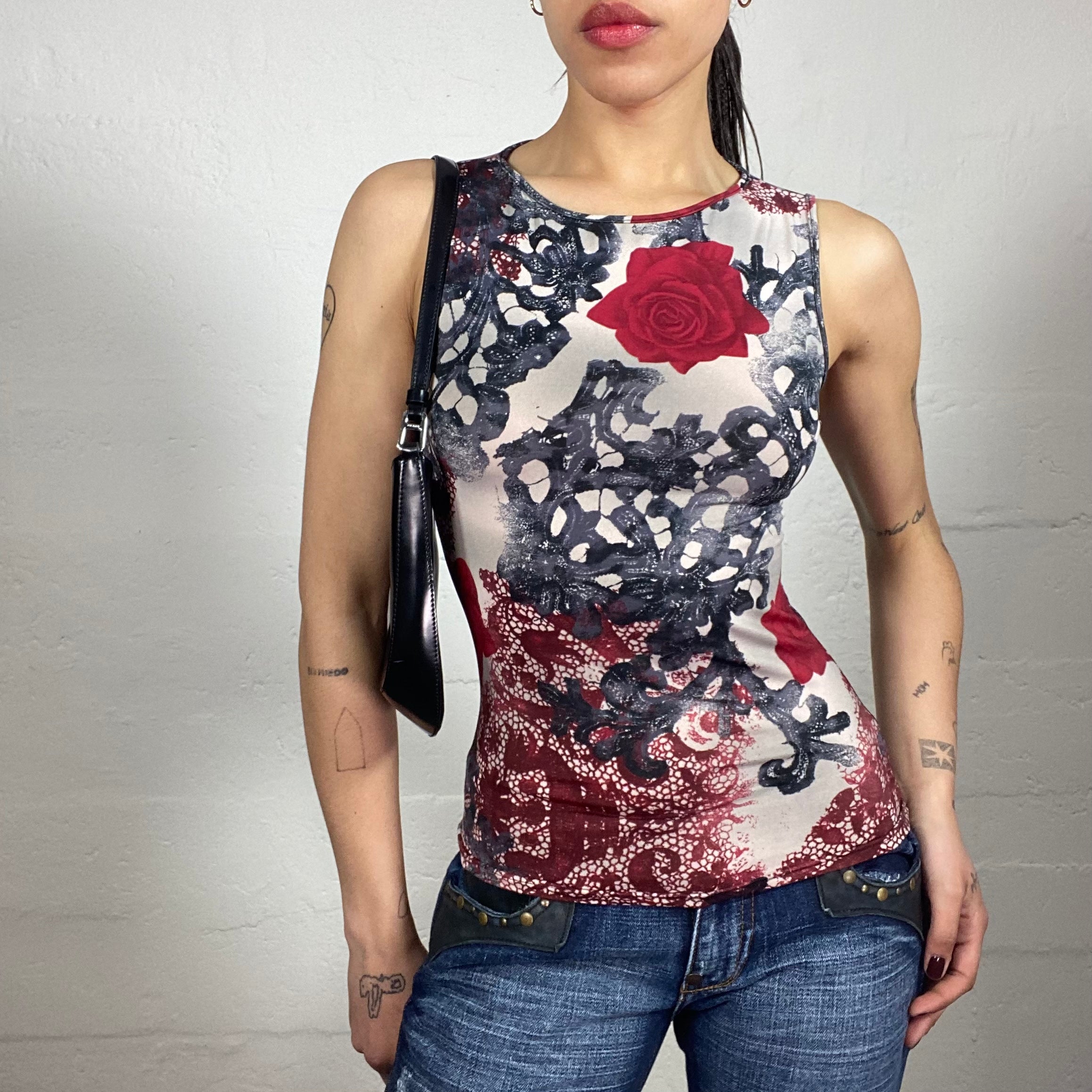 Vintage 2000's Romantic Black and Red Tank Top with Roses and Lace Pri ...