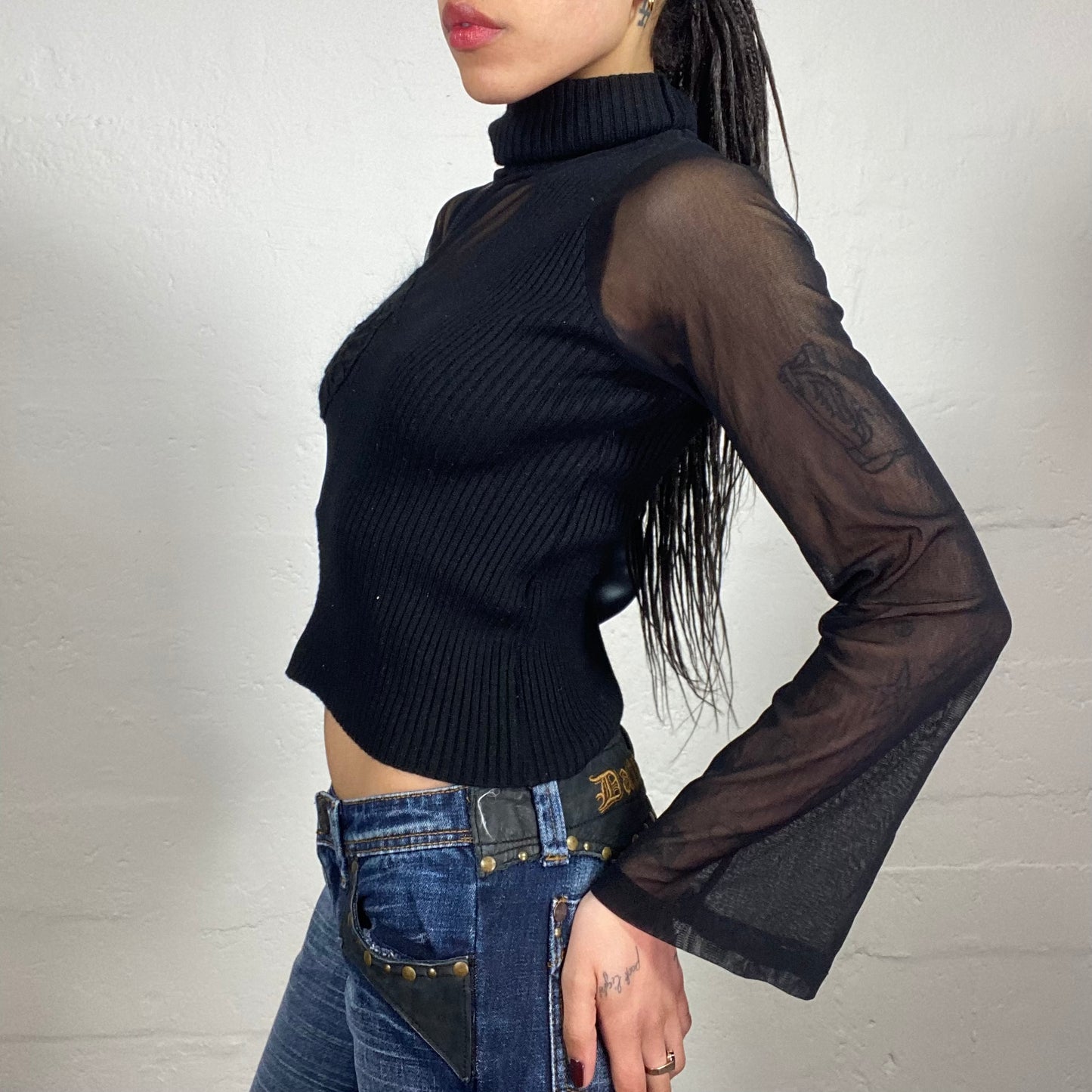 Vintage 2000's Downtown Girl Black Mesh and Knitted Longsleeve Top wit ...