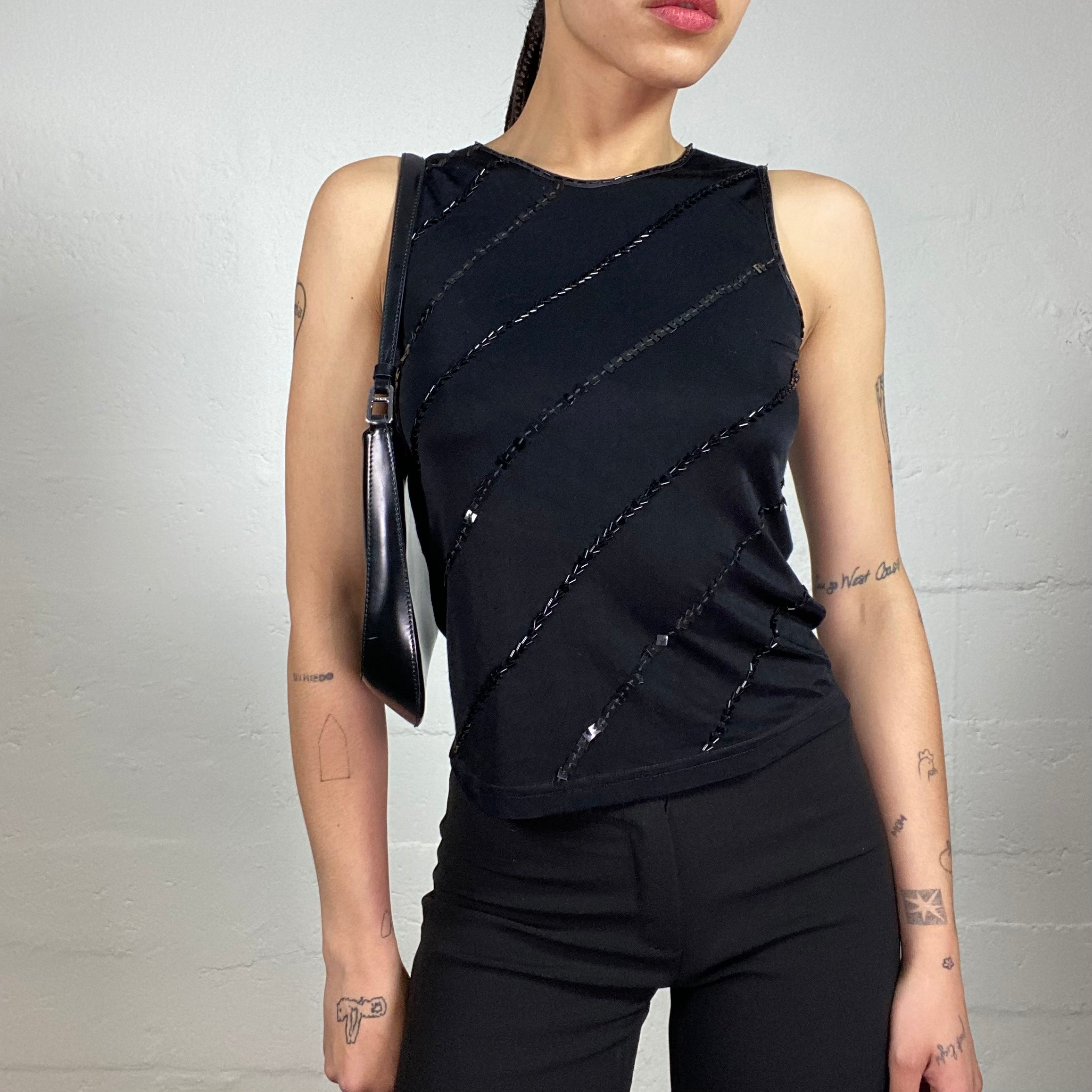 Vintage 2000's Clubwear Black Jersey Tank Top with Matching Black Sequ ...