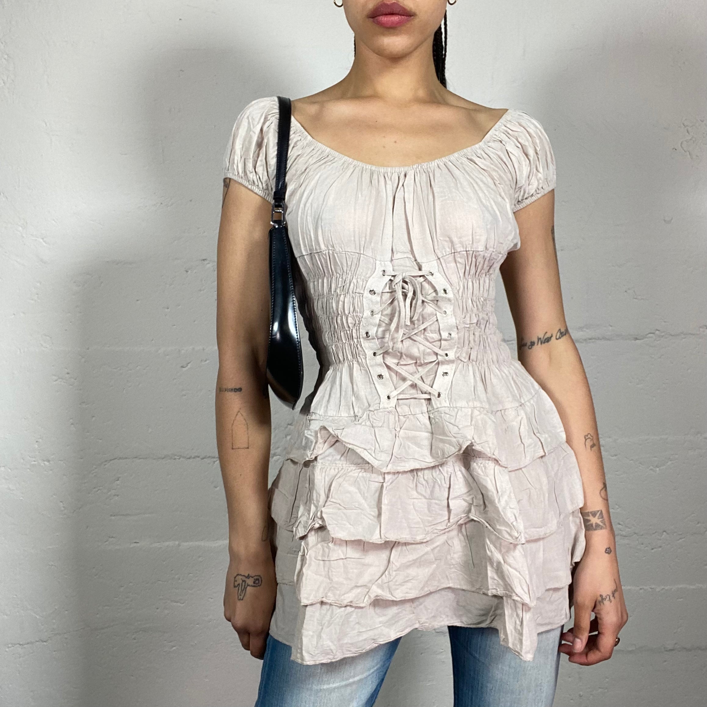 Vintage 90’s Coquette Doll Cold Beige Textured Layered Dress Style Top ...