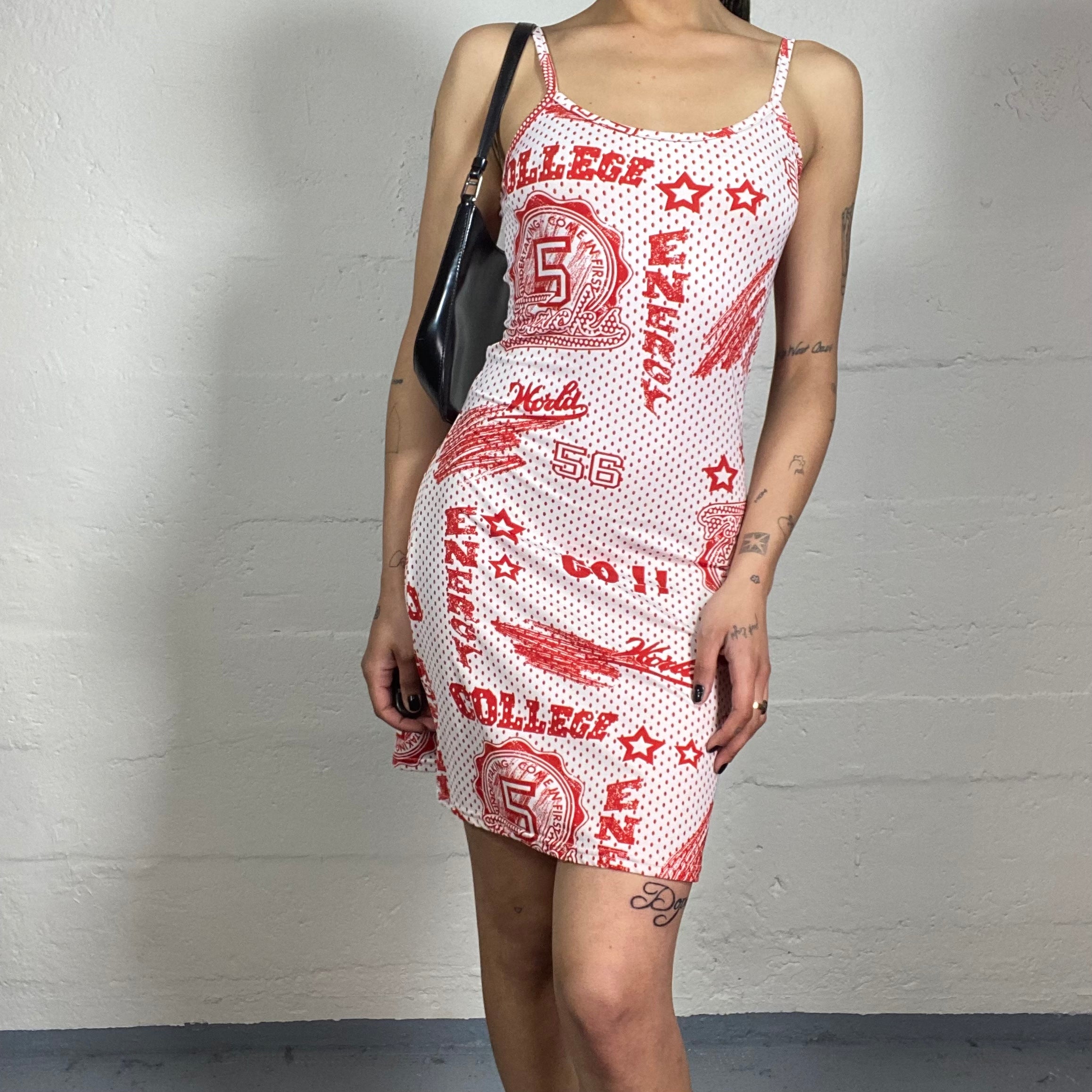Vintage 2000’s Downtown Girl White Slim Fitted Cami Dress with Red Pol ...