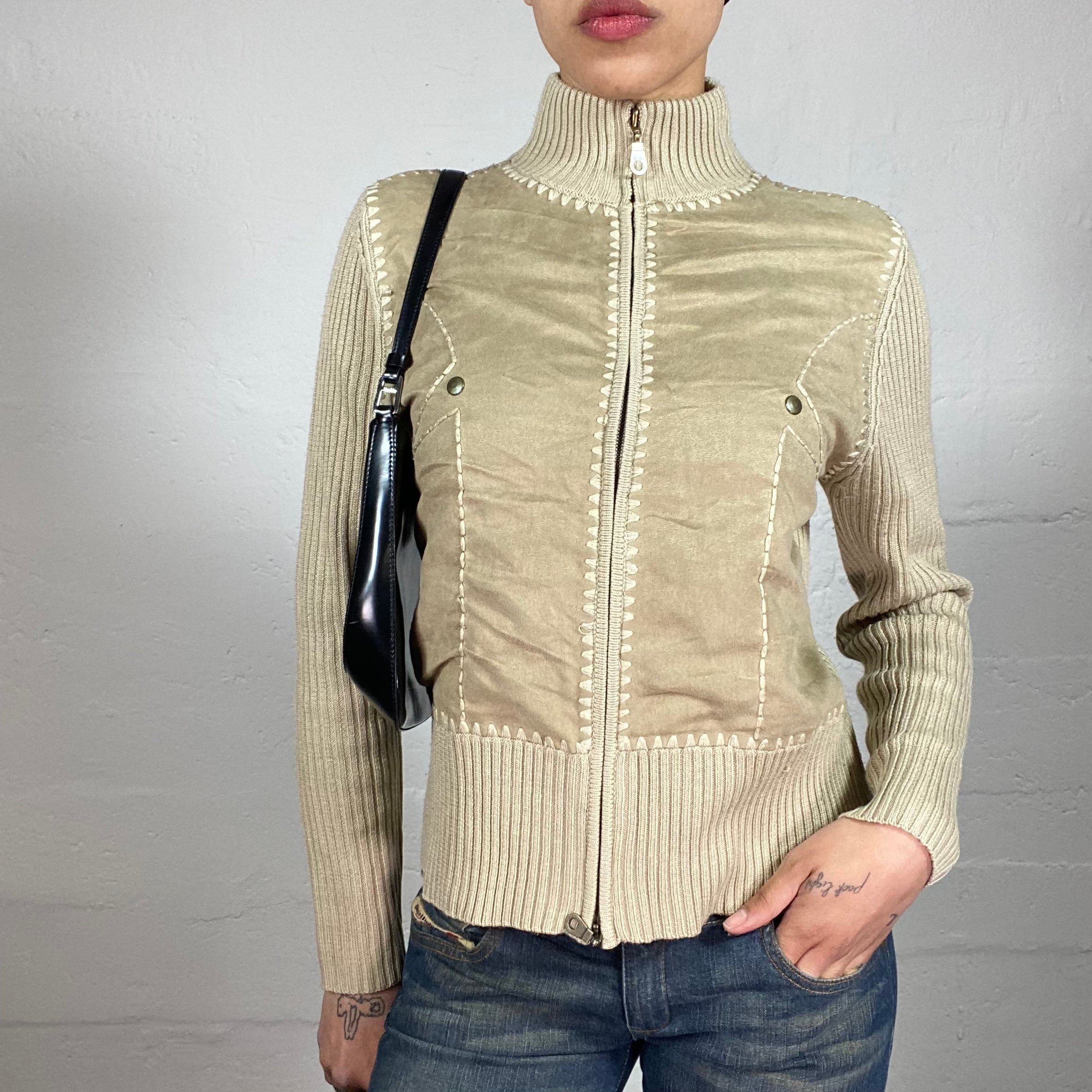 Vintage 2000's Downtown Girl Beige Striped Knitted Zip Up Pullover (M ...
