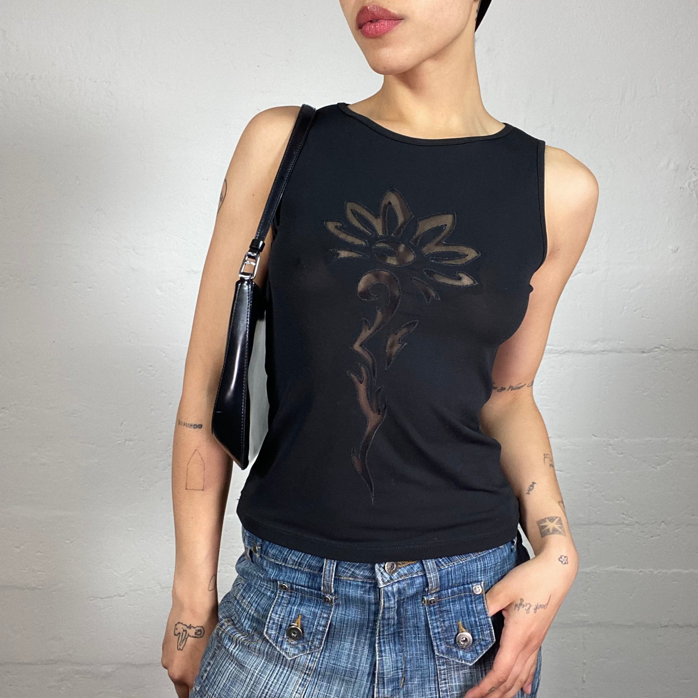 Vintage 2000's Dark Romantic Black Tank Top with Mesh Flower Embroider ...