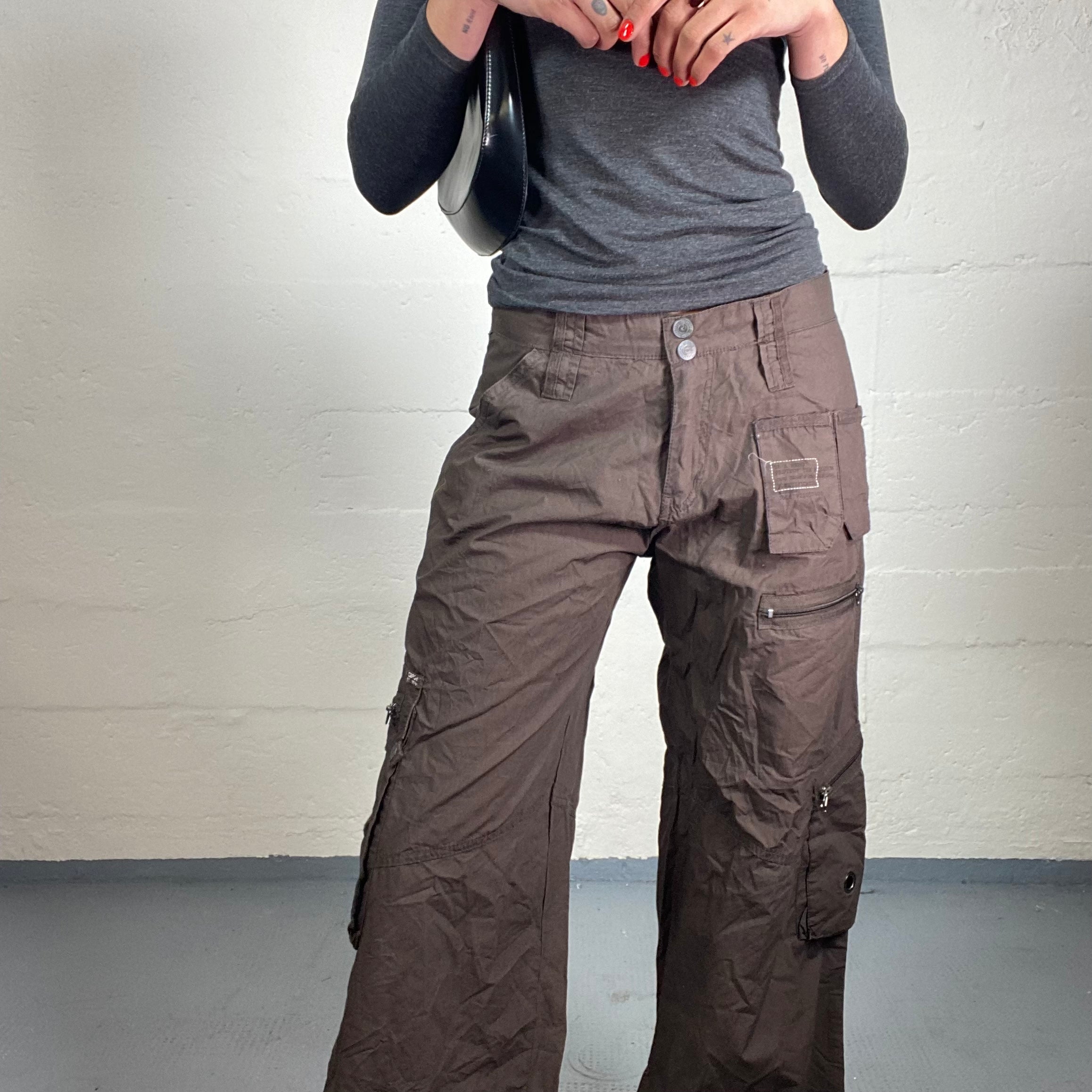 Vintage 2000's Hip-Hop Brown Baggy Cargo Pants with Multiple Pockets ...