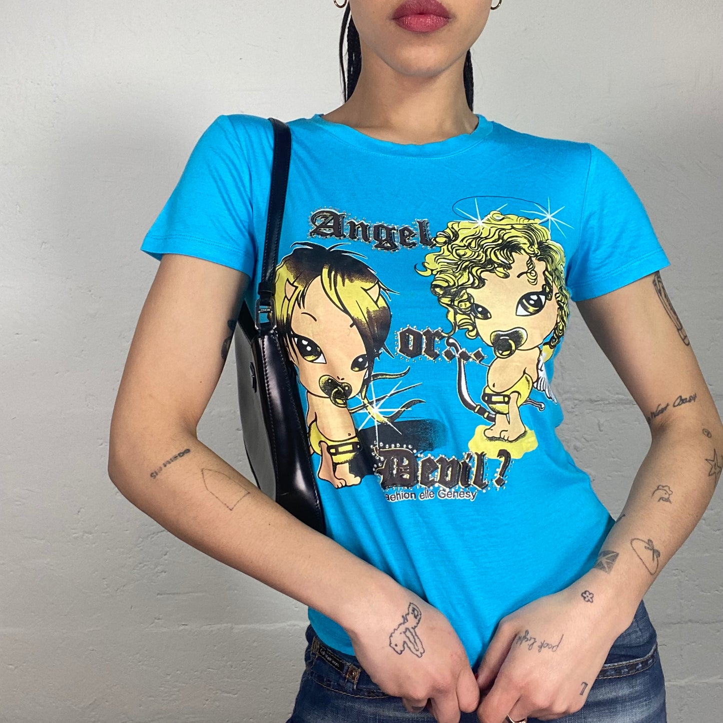 Vintage 2000’s Downtown Girl Bright Blue Baby Tee with Angel or Devil ...