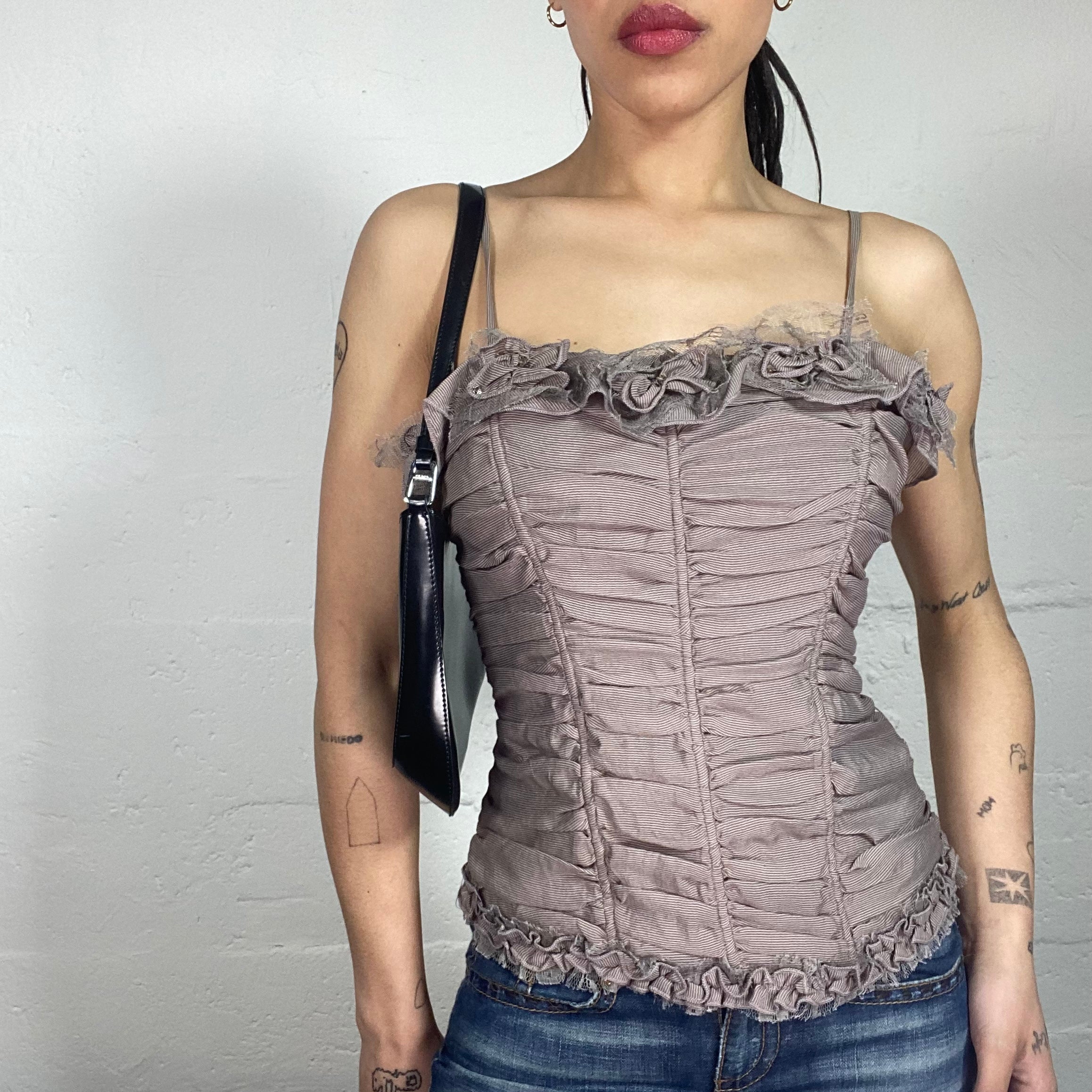 Vintage 90's Coquette Style Romantic Shiffon Covered Warm Grey Corset ...