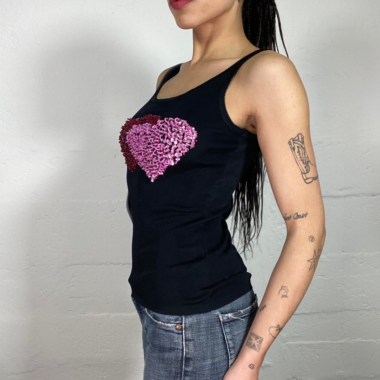 Vintage 2000’s Glamorous Downtown Girl Black Tank Top with Pink and Re ...