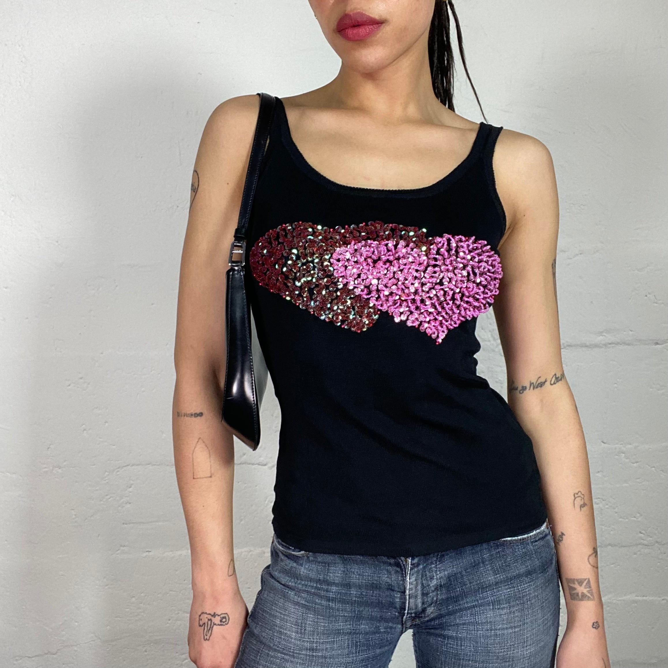 Vintage 2000’s Glamorous Downtown Girl Black Tank Top with Pink and Re ...