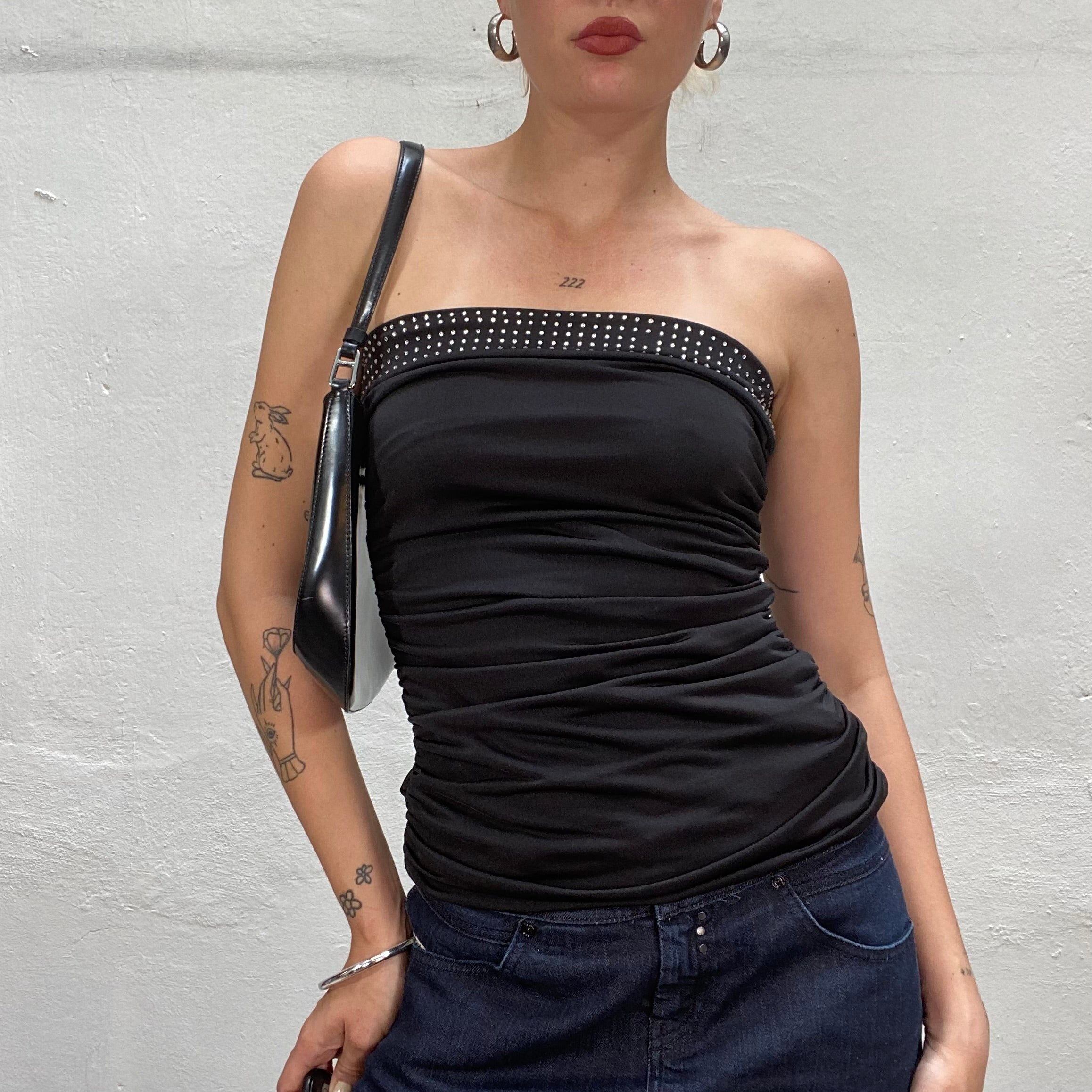 Vintage 90's Clubwear Black Tube Top with Rhinestones Trim Detail (S ...