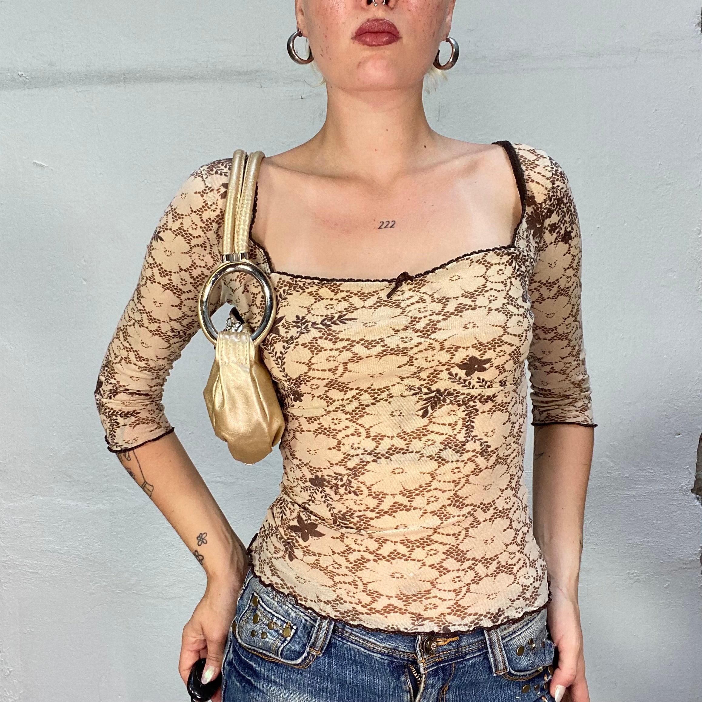 Vintage 90's Coquette Beige Lace Top with Black Trim and Bow Detail (S ...