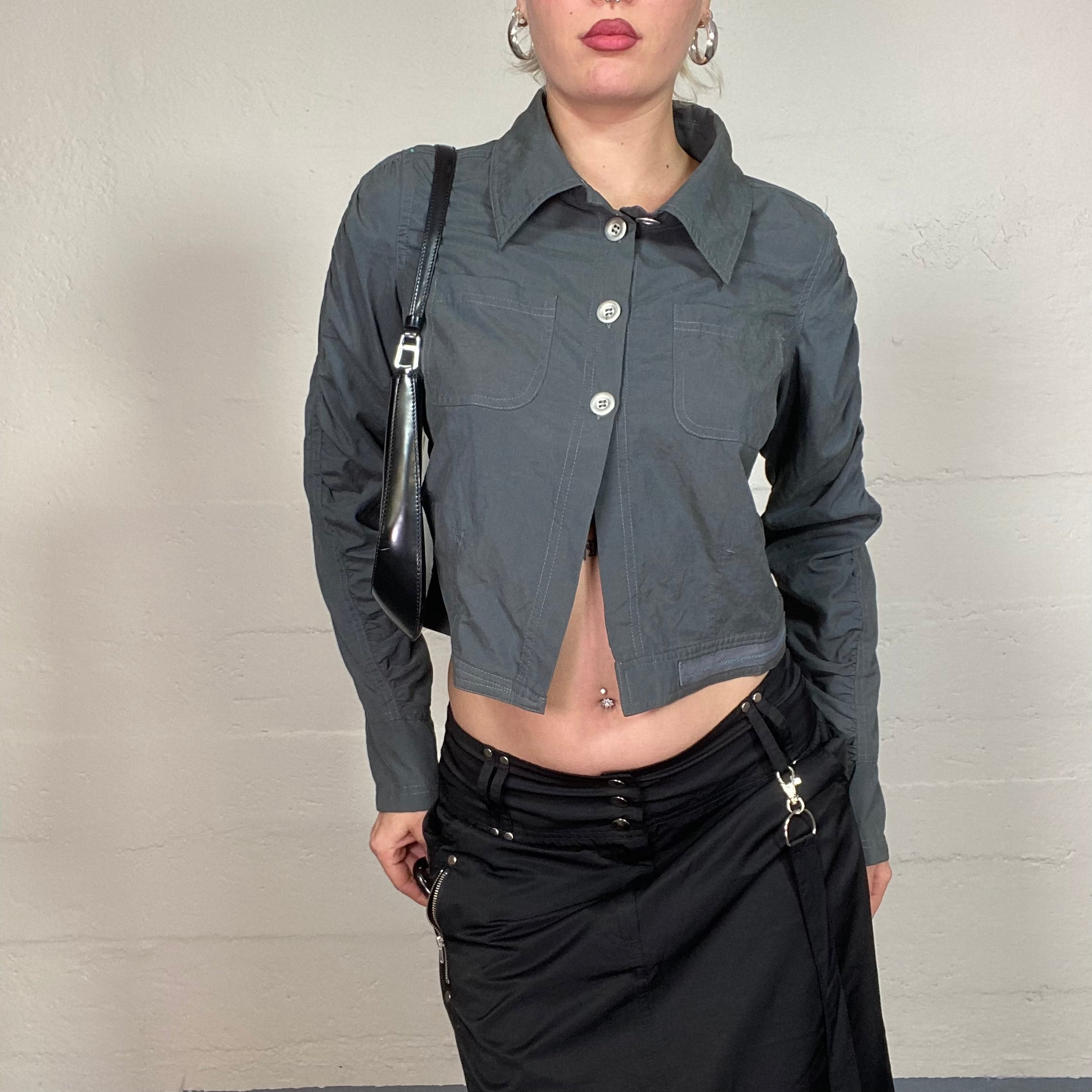 Vintage 2000's Workwear Grey Cropped Button Up Light Jacket with Big B ...