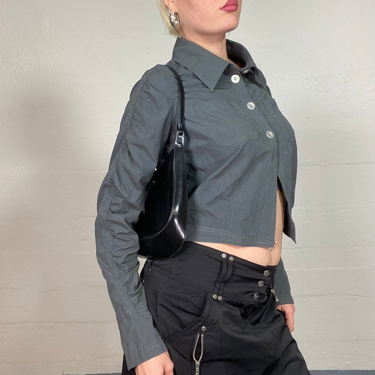 Vintage 2000's Workwear Grey Cropped Button Up Light Jacket with Big B ...