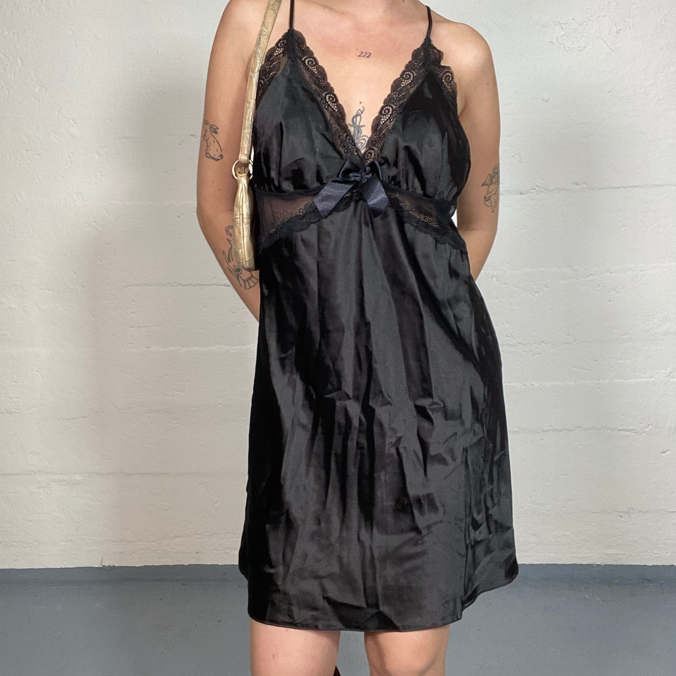 Vintage 90's Gothic Black Mini Satin Slip Dress with Chest Ribbon Deta ...