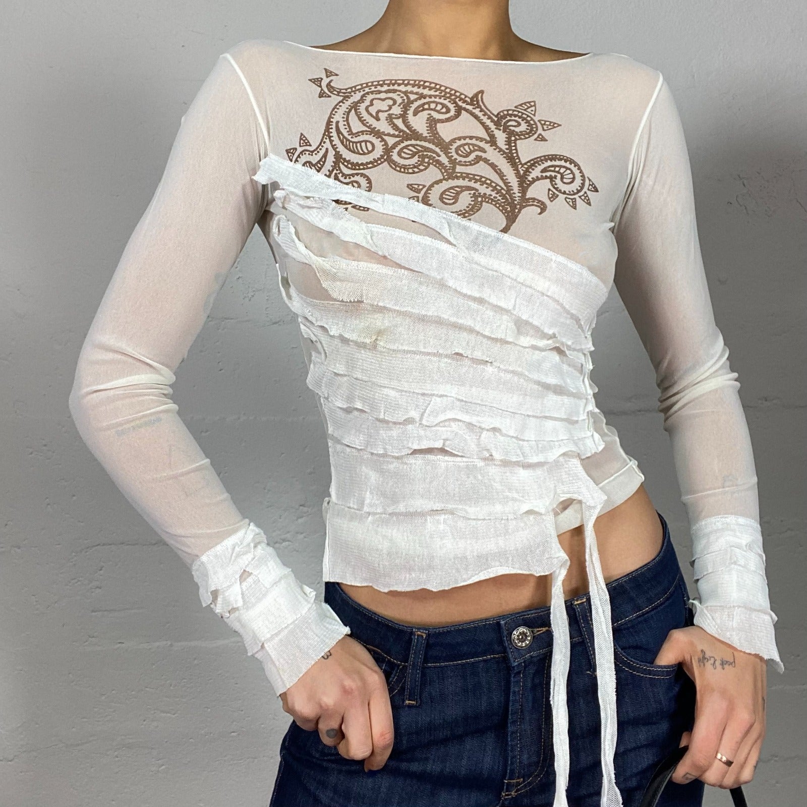 Vintage 2000's Indie White Longsleeve Mesh Top with Frills and Mandala ...
