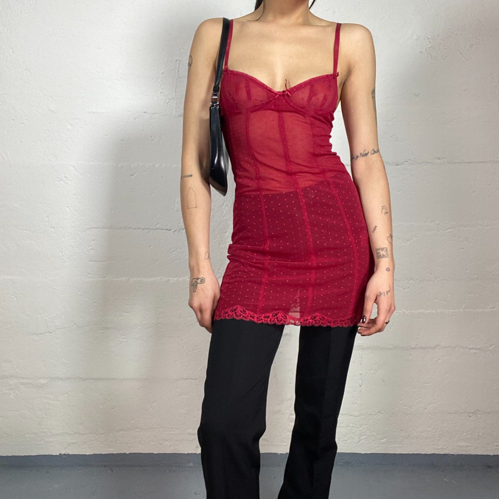 Vintage 90's Vamp Lingerie Red Mesh Mini Dress with Polkadots Print Co ...