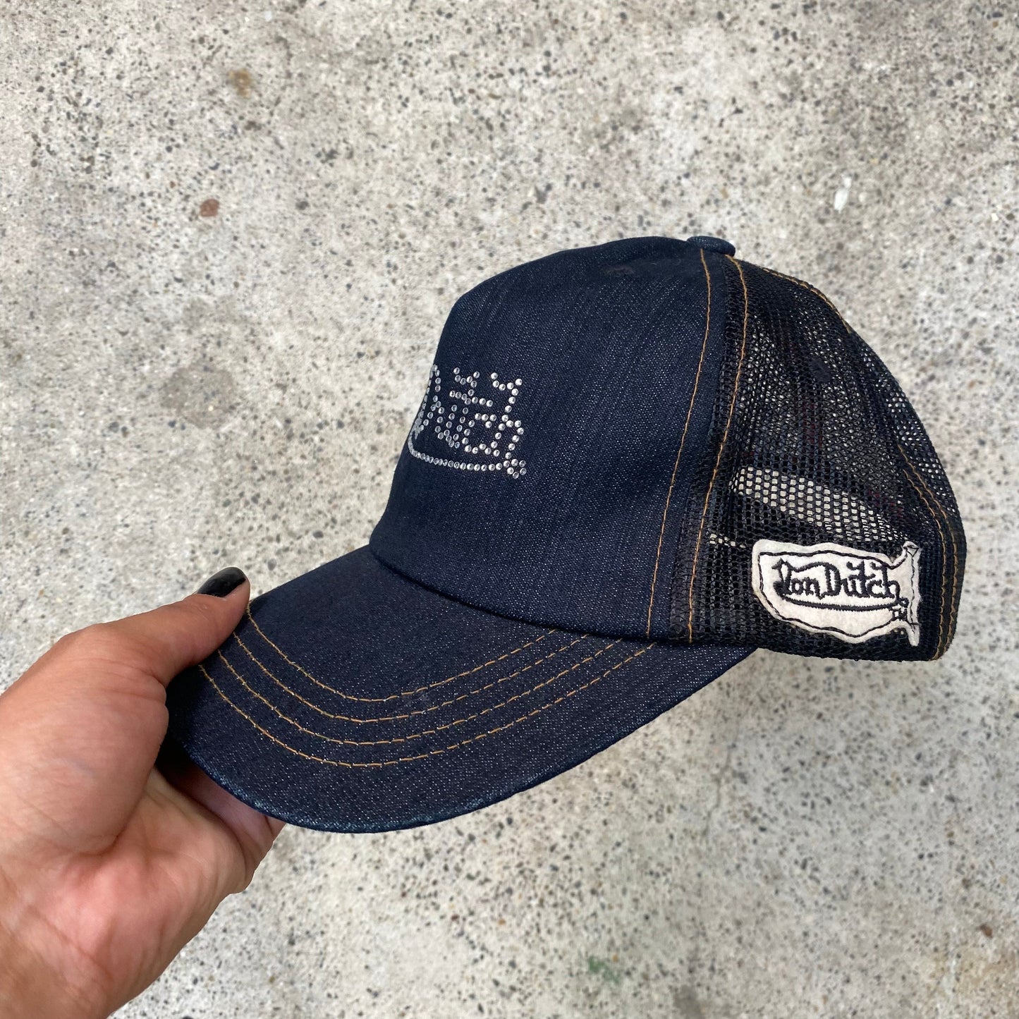 Vintage 2000's Von Dutch Archive Dark Denim Cap with Strass Logo Detai ...