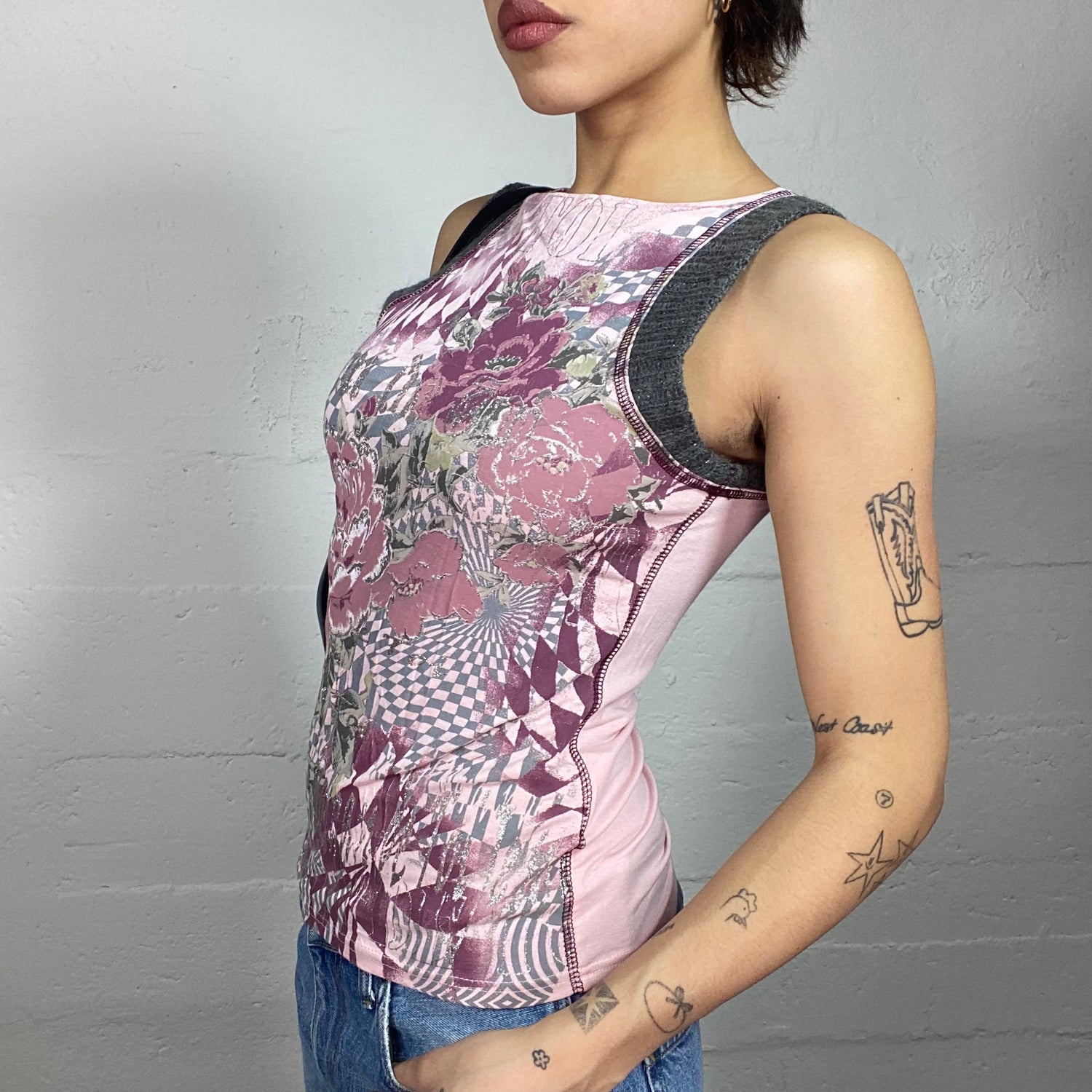 Vintage 2000's Morgan Soft Girl Pink Top with Roses and Wavy Checkered ...