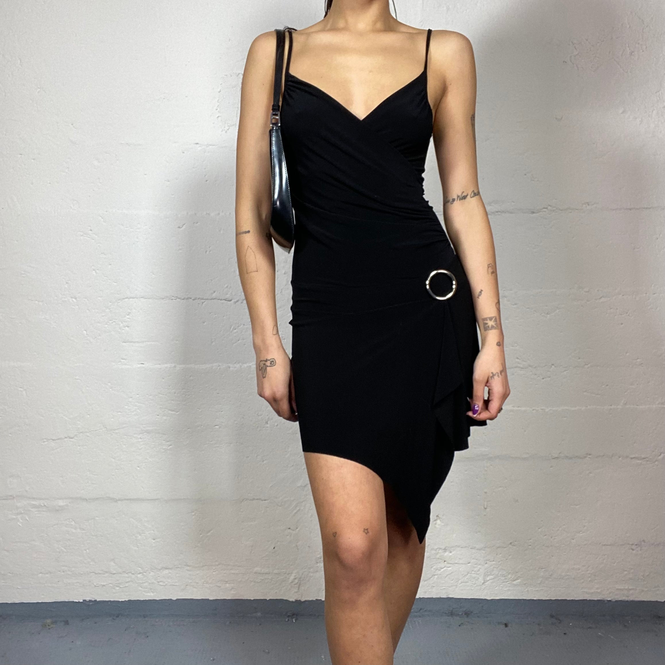 Vintage 2000's Clubwear Black Asymmetric Cut Dress with Silver Ring De ...