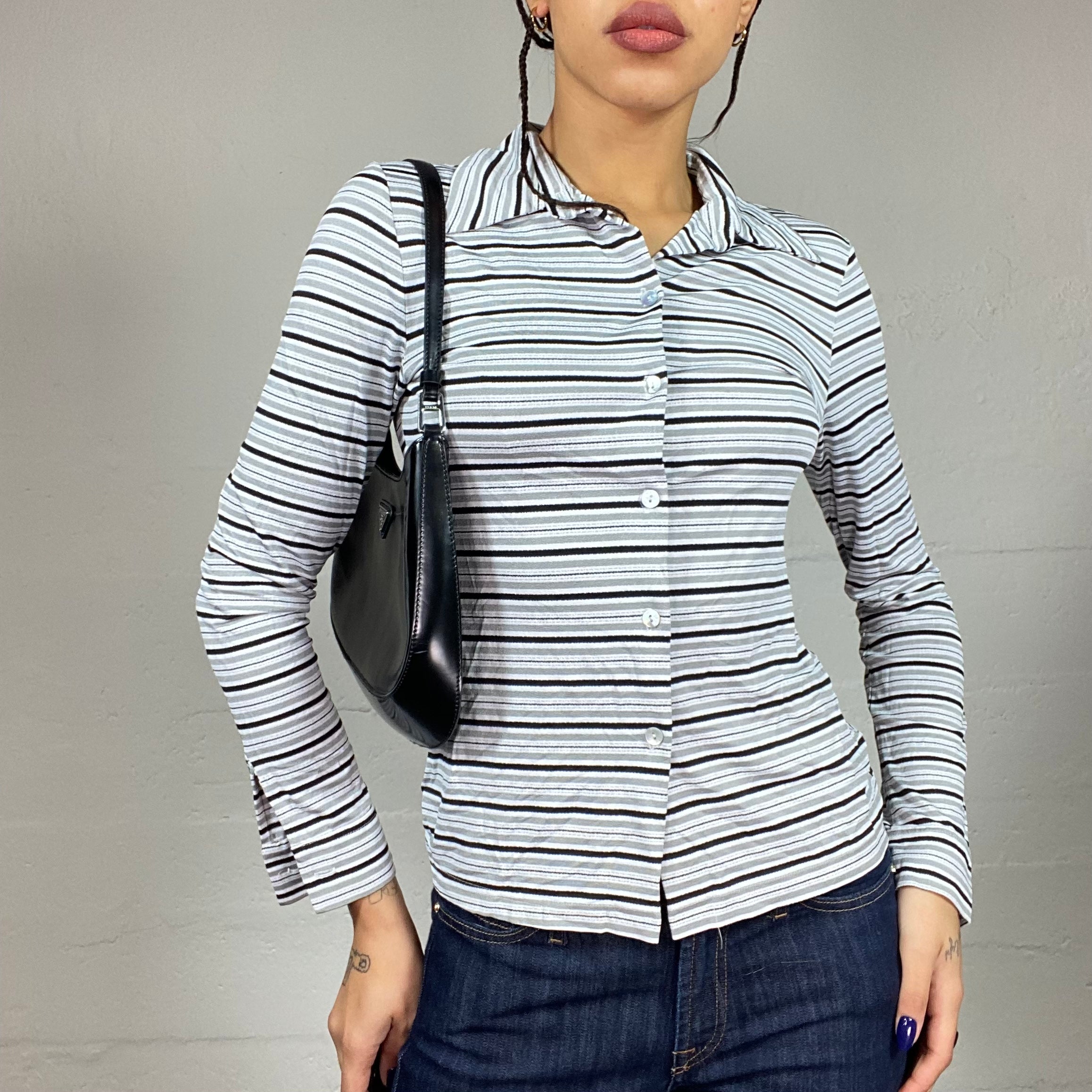 Vintage 90's Rachel Green Grey Button Up Top with Stripes Print (S/M ...