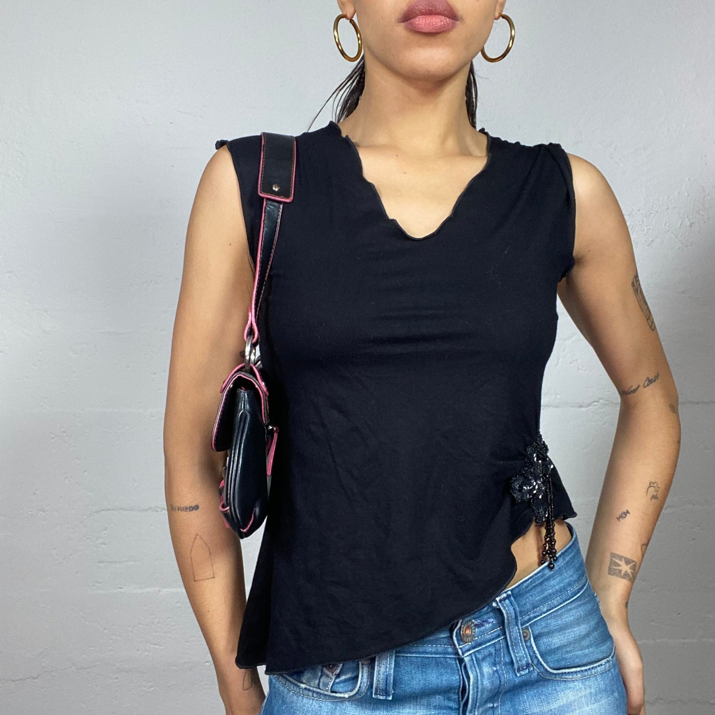 Vintage 90's Clubwear Black V-Neck Top with Rhinestones Rosette Detail ...