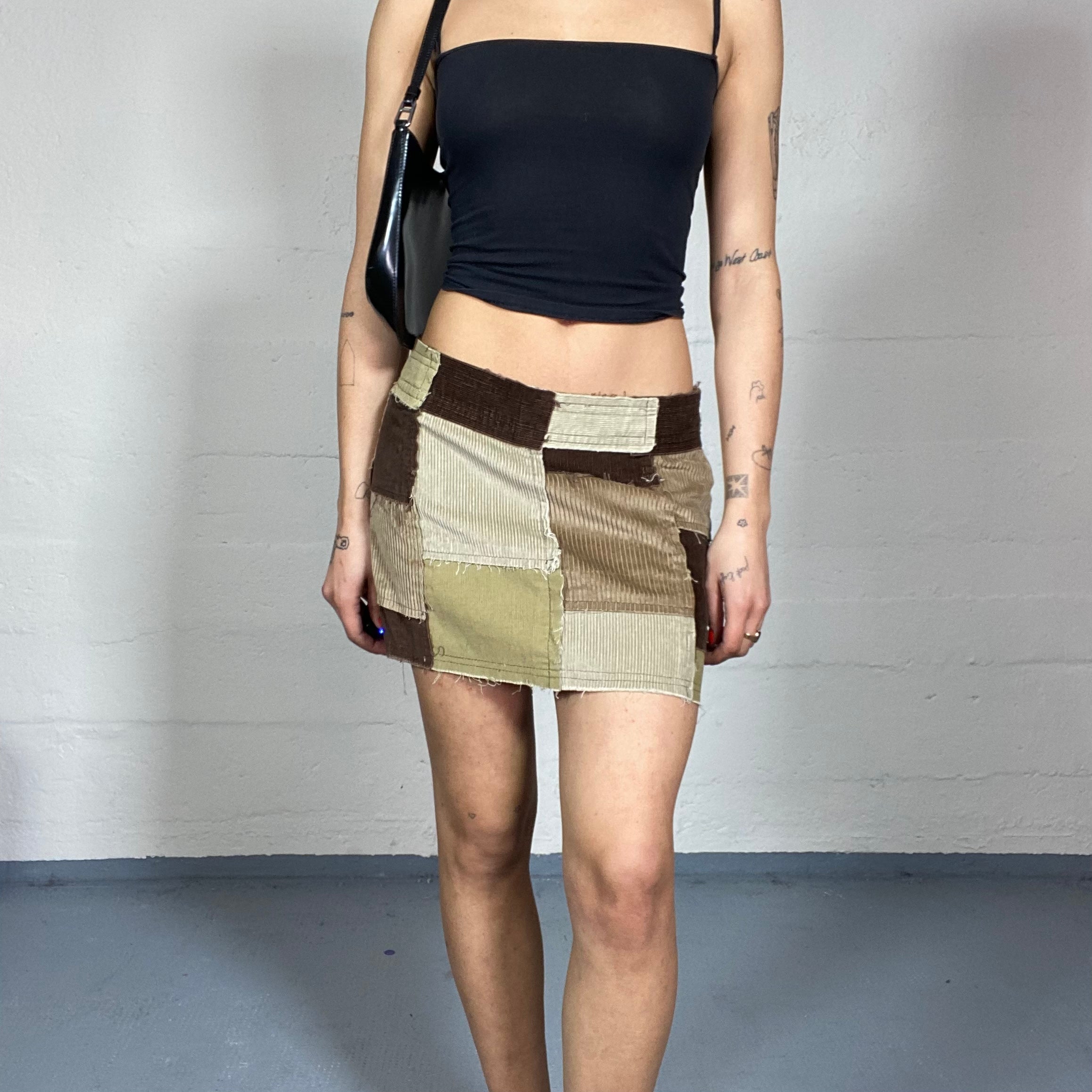 Vintage 2000's Downtown Girl Brown Mini Skirt with Corduroy Patches De ...