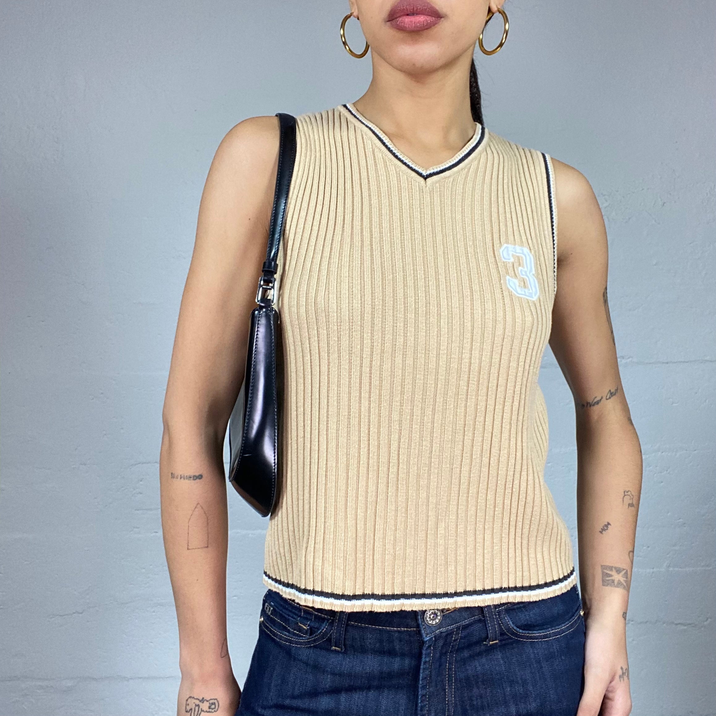 Vintage 90's Sporty Beige Vest Top with Patched "3" Detail (S ...