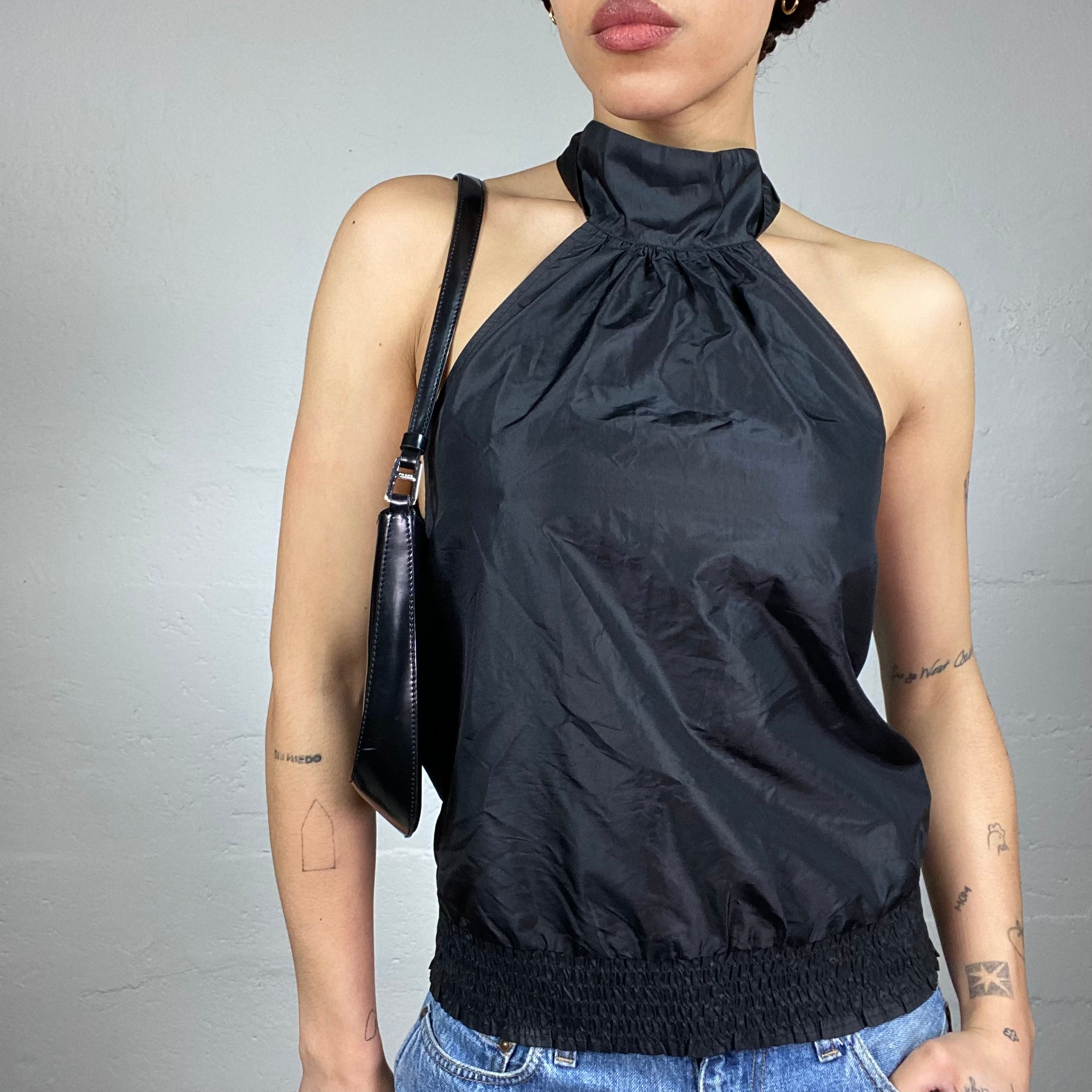 Vintage 2000's Clubwear Black Silk Open Back Top with Attached Scarf ...