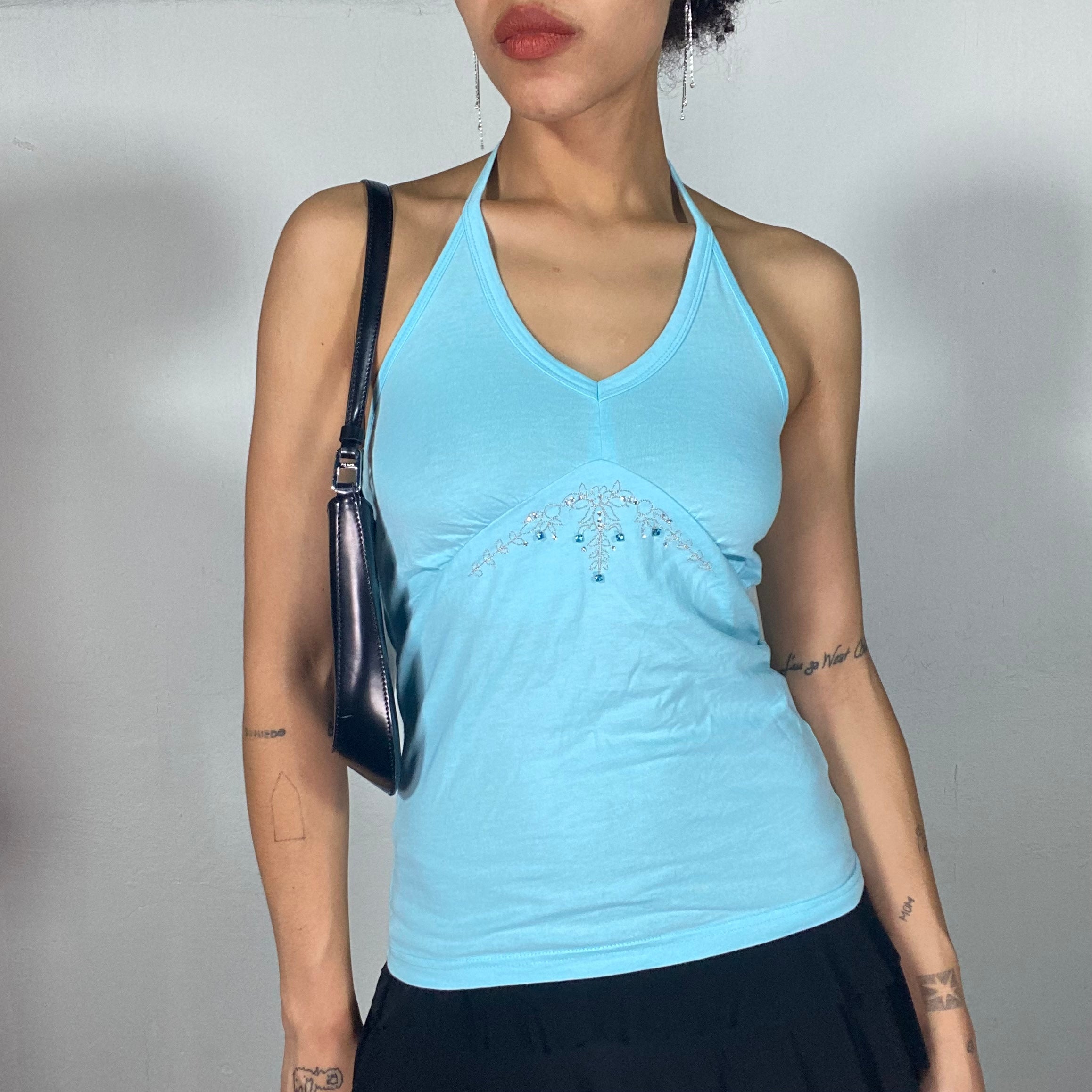 Vintage 2000's Indie Light Blue Halter Neck Top with Embroidery Detail ...