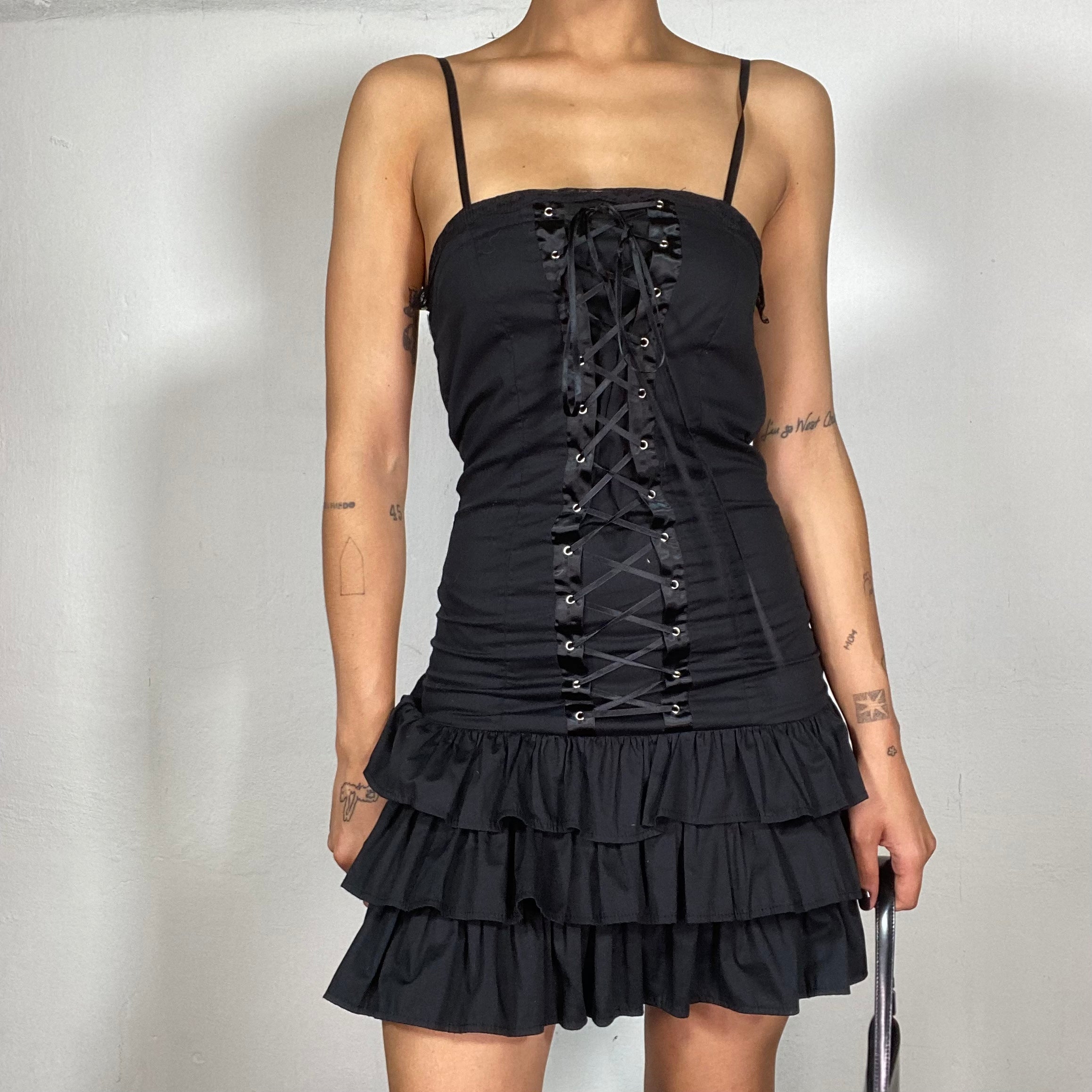 Vintage 2000's Gothic Black Mini Dress with Lace Ups Detail (S ...