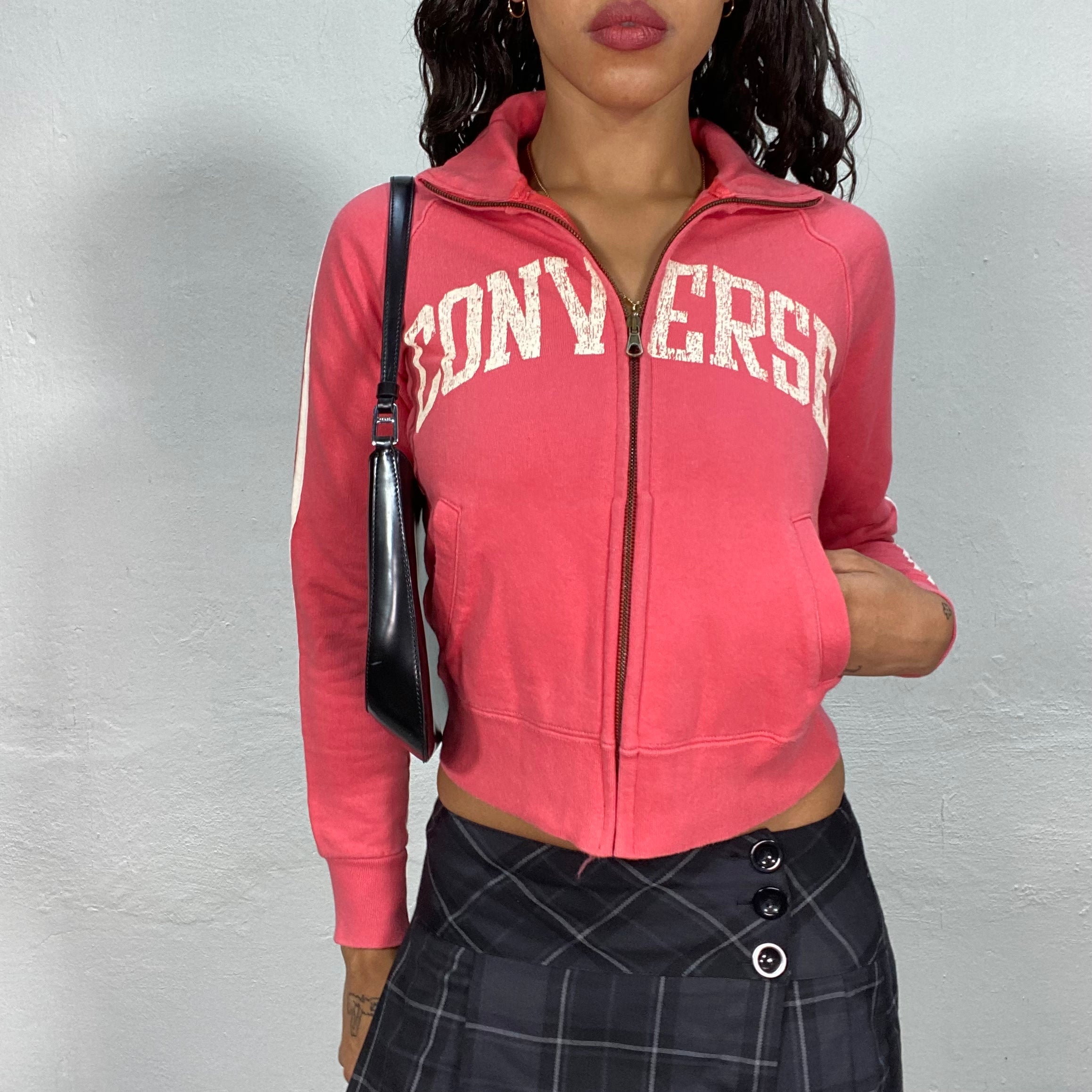 Vintage 2000's Downtown Girl Pink Zip Up Sweater with White Stamped Lo ...