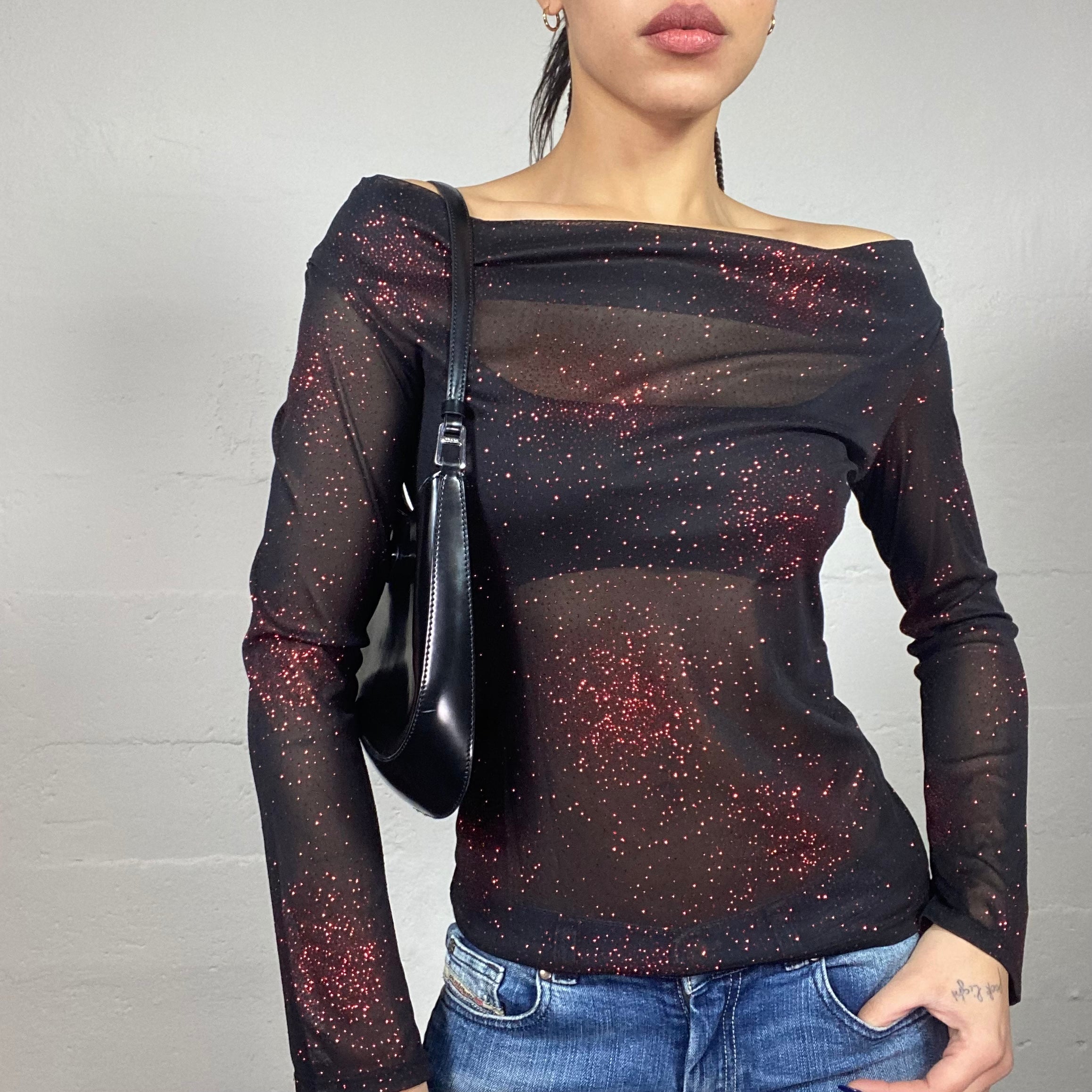 Vintage 2000's Clubwear Black Mesh Off Shoulder Longsleeve Top with Re ...