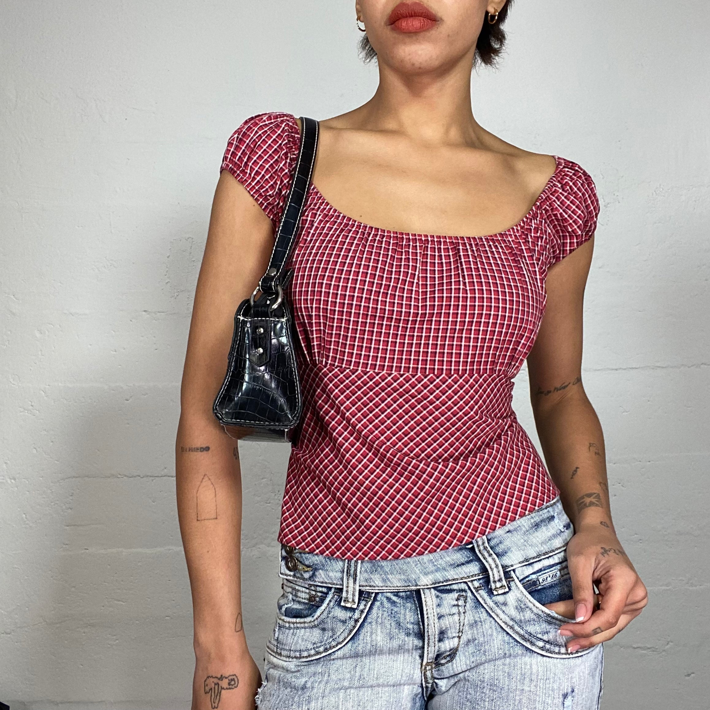 Vintage 2000's Cute Girl Red Backless Top with Checkered Print and Mil ...