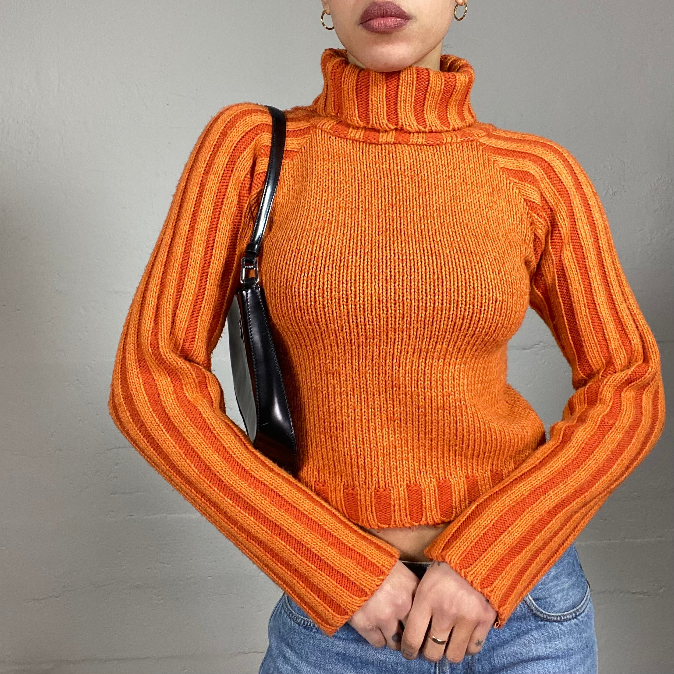 Vintage 2000's Downtown Girl Orange Turtleneck Sweater with Ribbed Kni ...