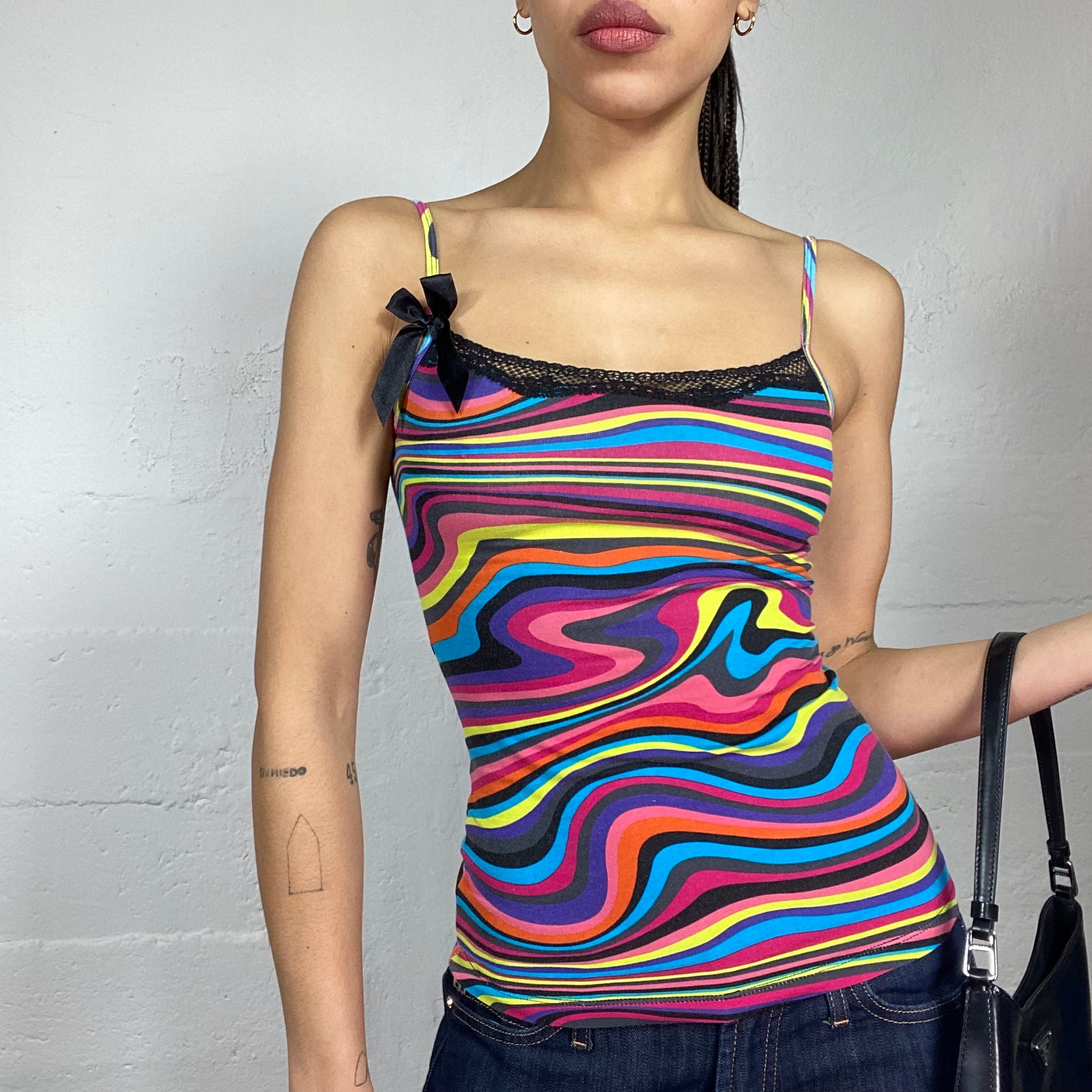 Vintage 2000's Funky Girl Multicoloured Top with Groovy Stripes Print ...