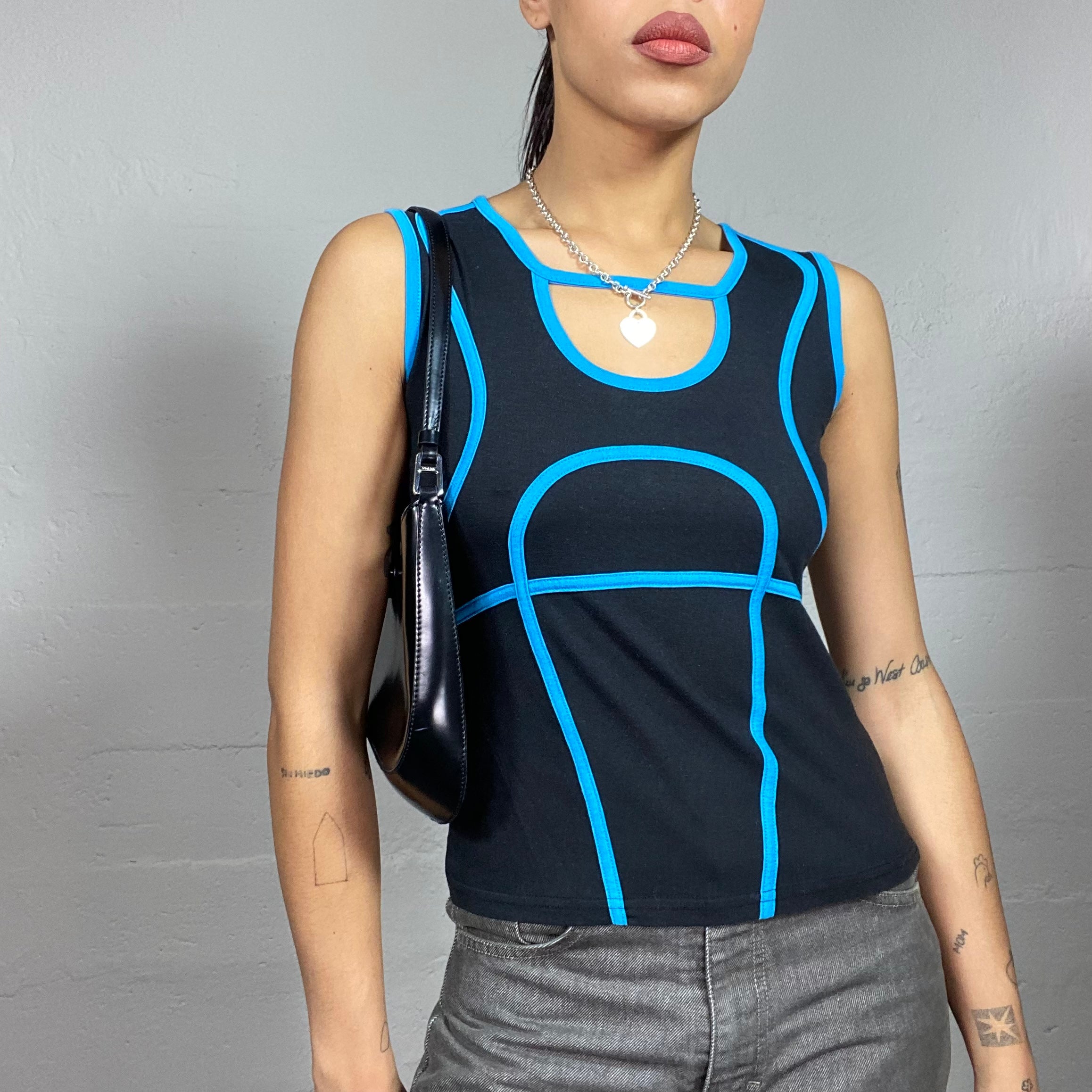 Vintage 90's Rave Black Top with Blue Decortive Trim and Open Chest De ...