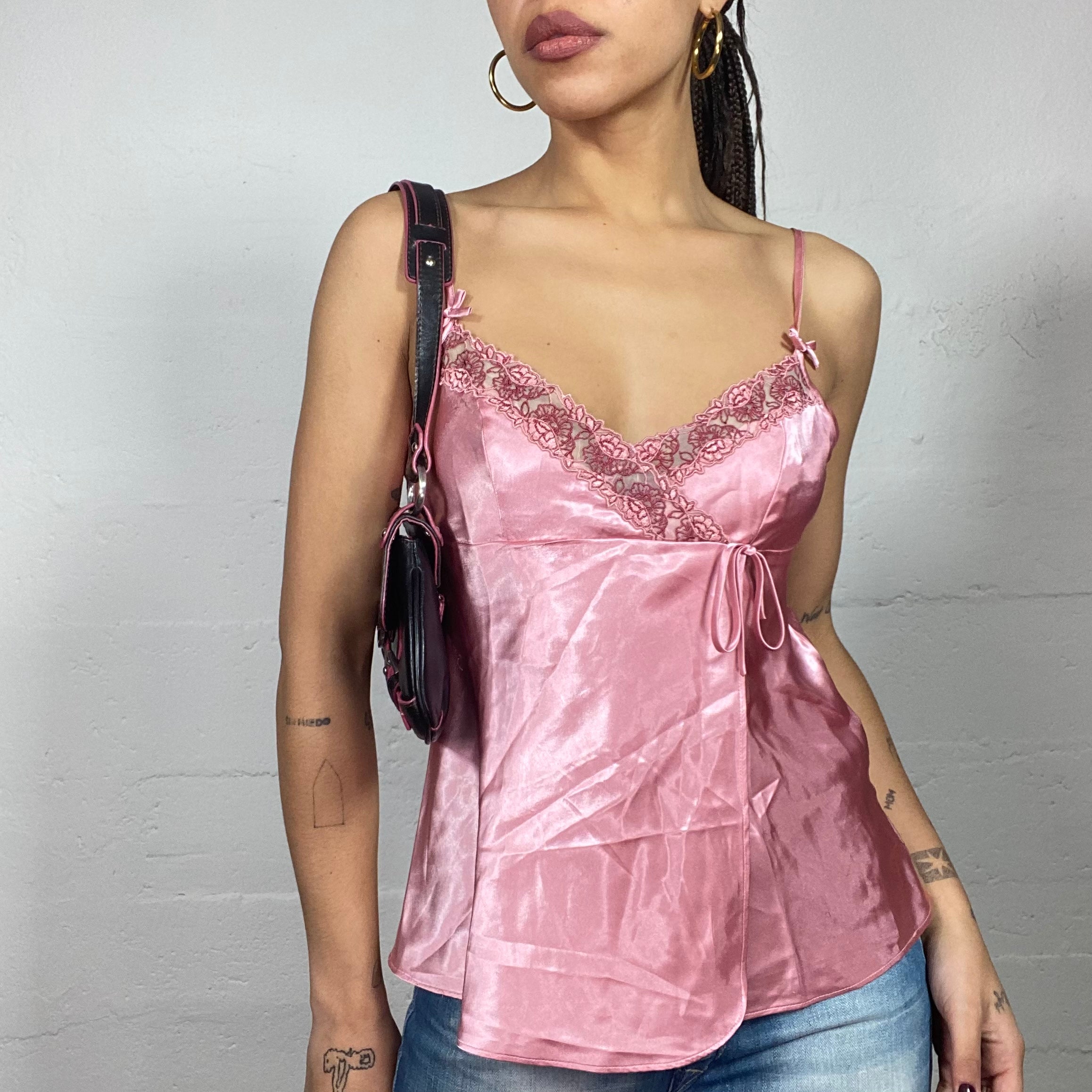 Vintage 2000's Etam Coquette Pink Satin Top with Mesh Trim Neckline (S ...