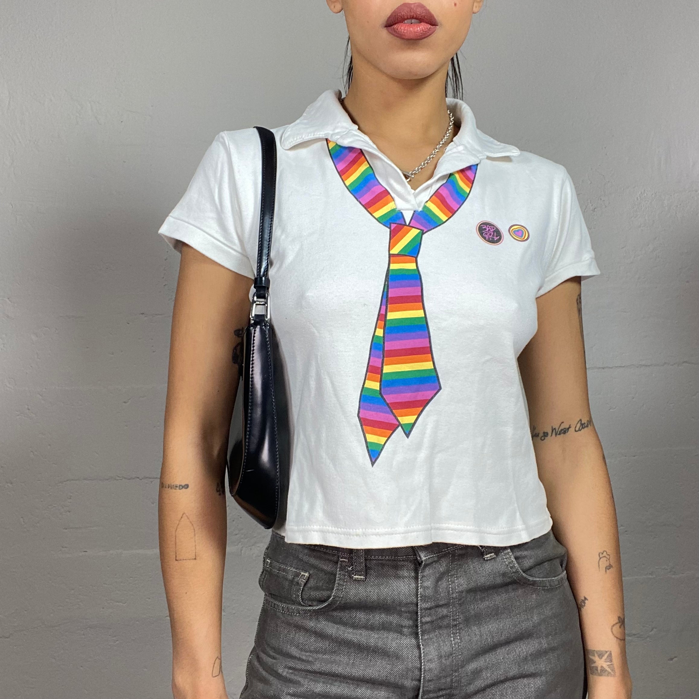 Vintage 2000's Sleaze White Tee with Rainbow Bow Tie Print (S ...