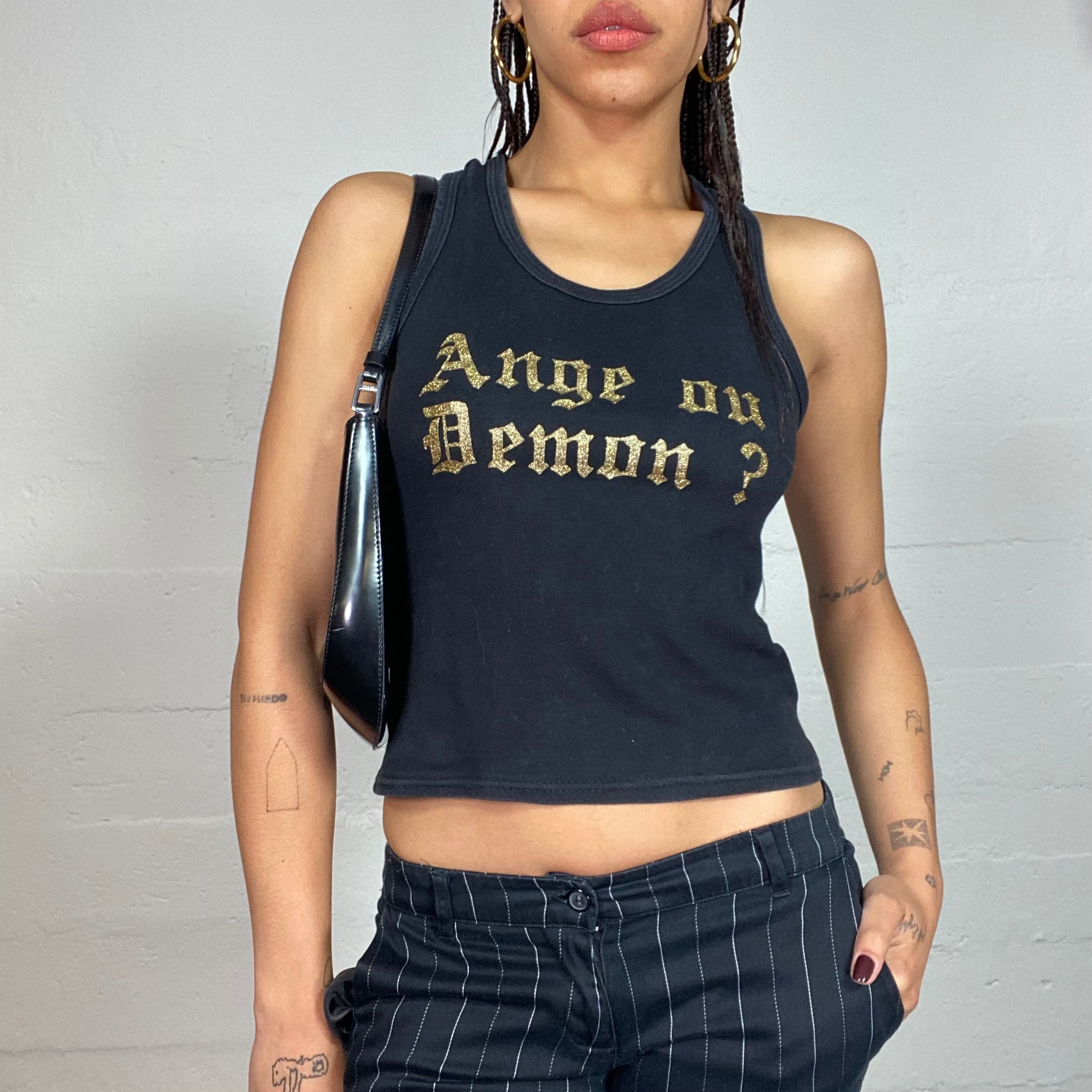 Vintage 2000's Snooki Black Top with Gold "Ange ou Demon" Print (S/M ...