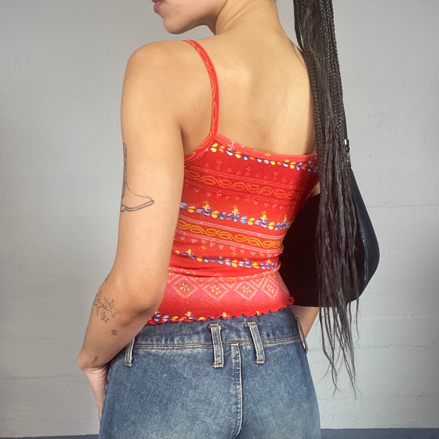 Vintage 90's Cute Girl Red Top with Ethnic Floral Borders Print (S ...